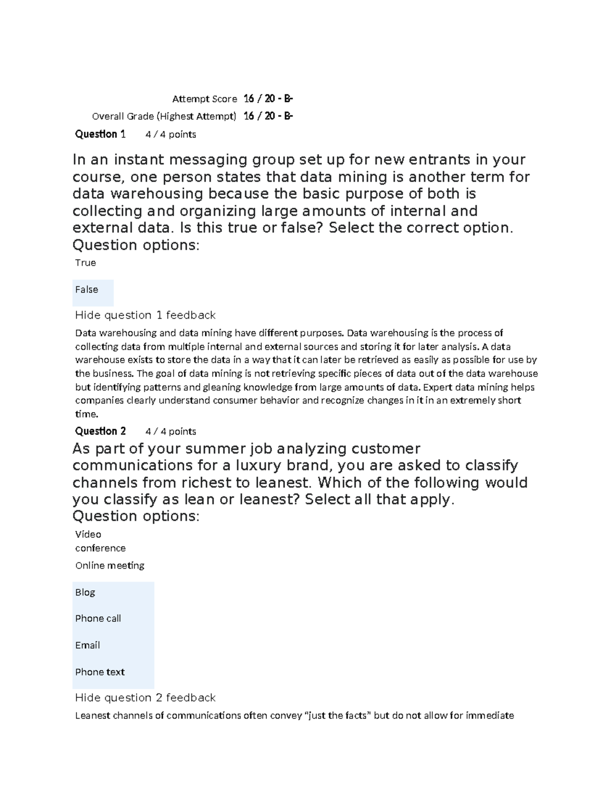 DAT 205 Module 2 Quiz - 1 - Work - Attempt Score 16 / 20 - B- Overall ...
