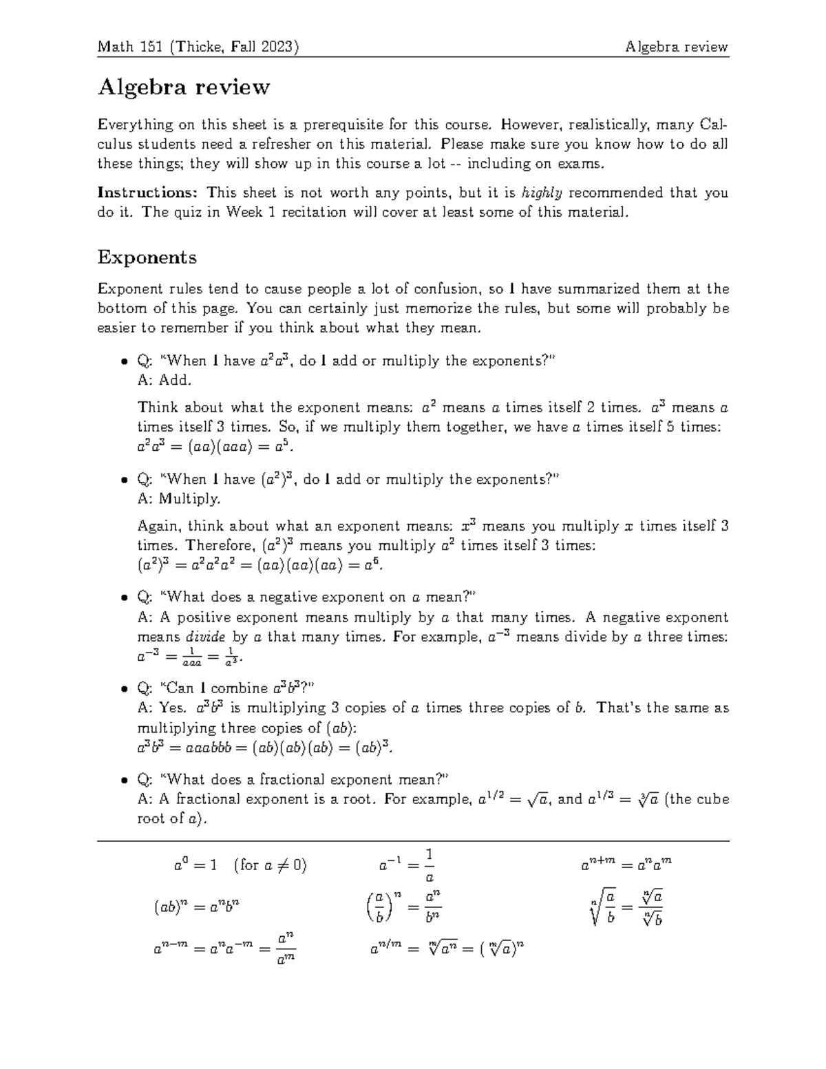 Algebra Review Math 151 Thicke Fall 2023 Algebra Review Algebra algebra-review-math-151-thicke-fall-2023-algebra-review-algebra