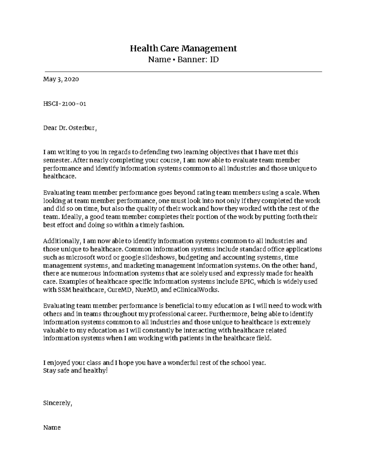 Learning Objectives Cover Letter - HSCI 2100-01 - Health Care ...