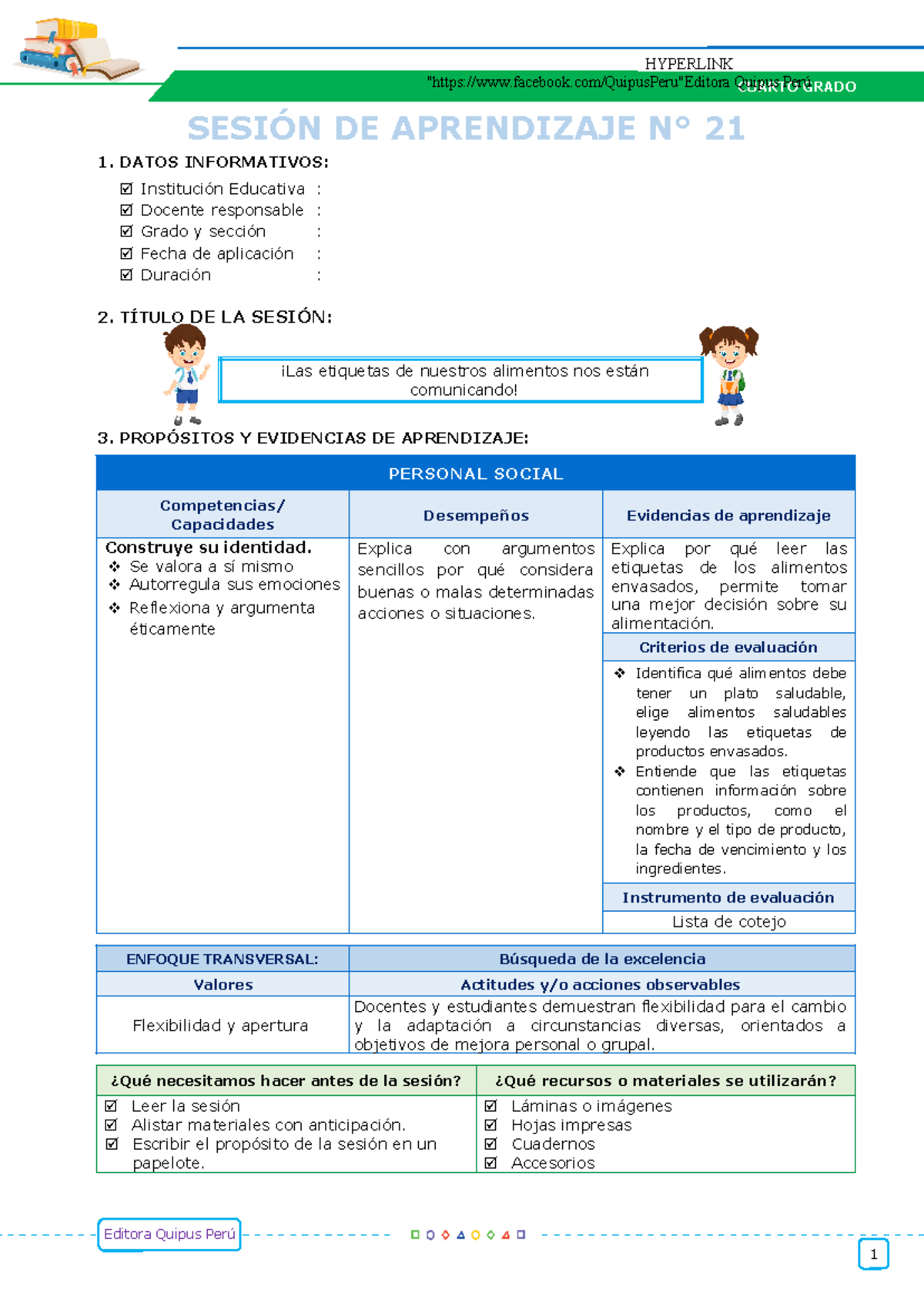 1.- Sesiones de aprendizaje - EDA IX Semana 3 - Editora Quipus Perú - Editora Quipus Perú CUARTO ...