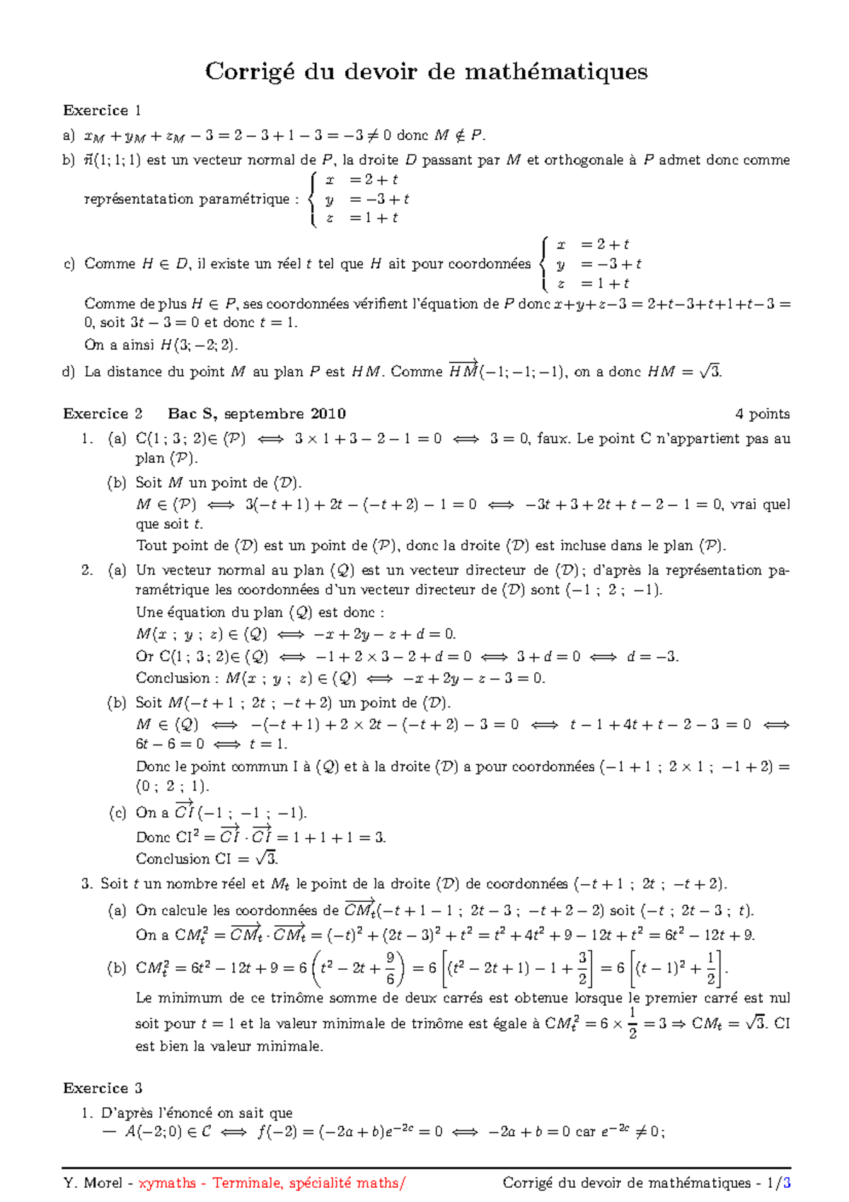 DM-Geometrie-espace-Fonction-exponentielle-corrigé - Corrig ́e du devoir de math ́ematiques ...