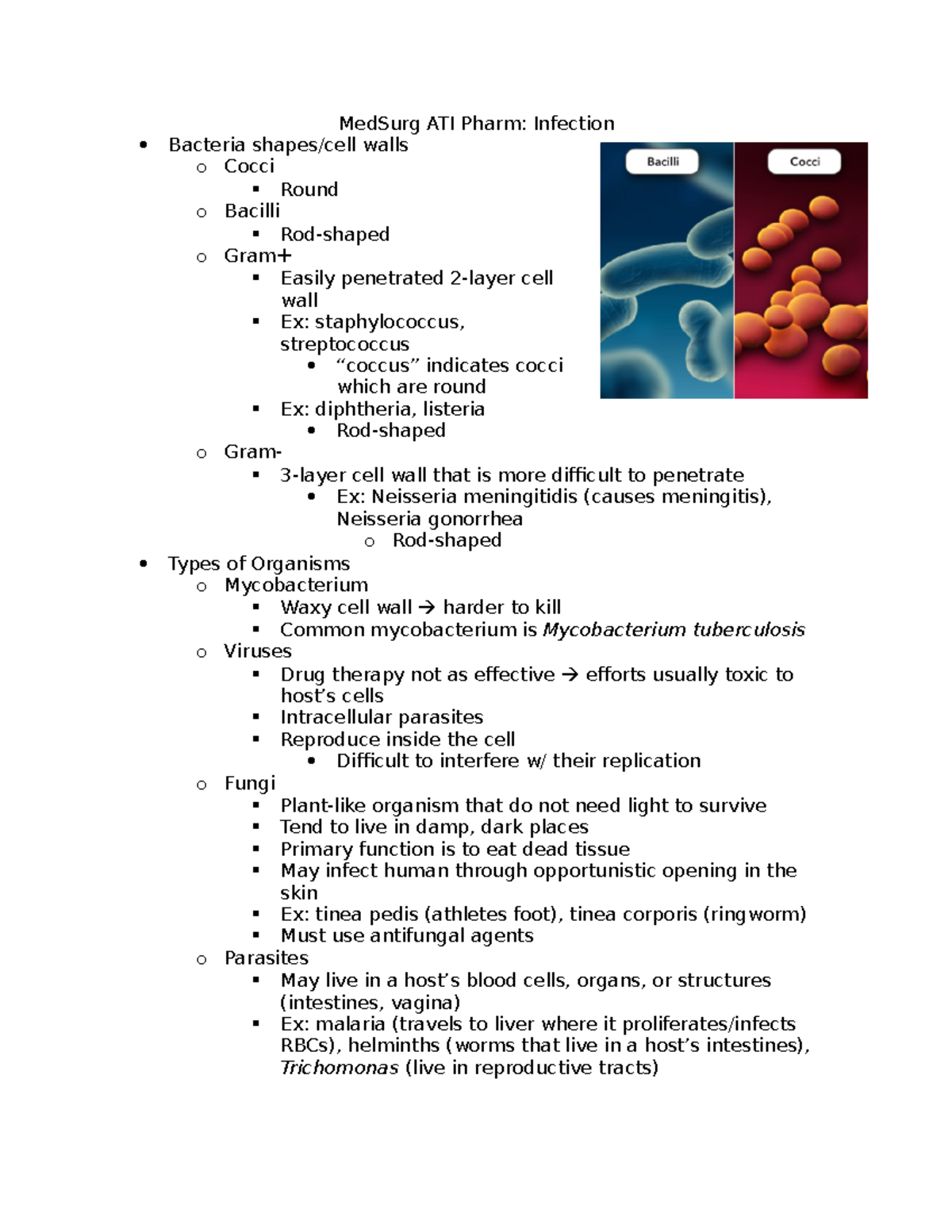 Med Surg ATI Pharm - MedSurg ATI Pharm: Infection Bacteria shapes/cell ...