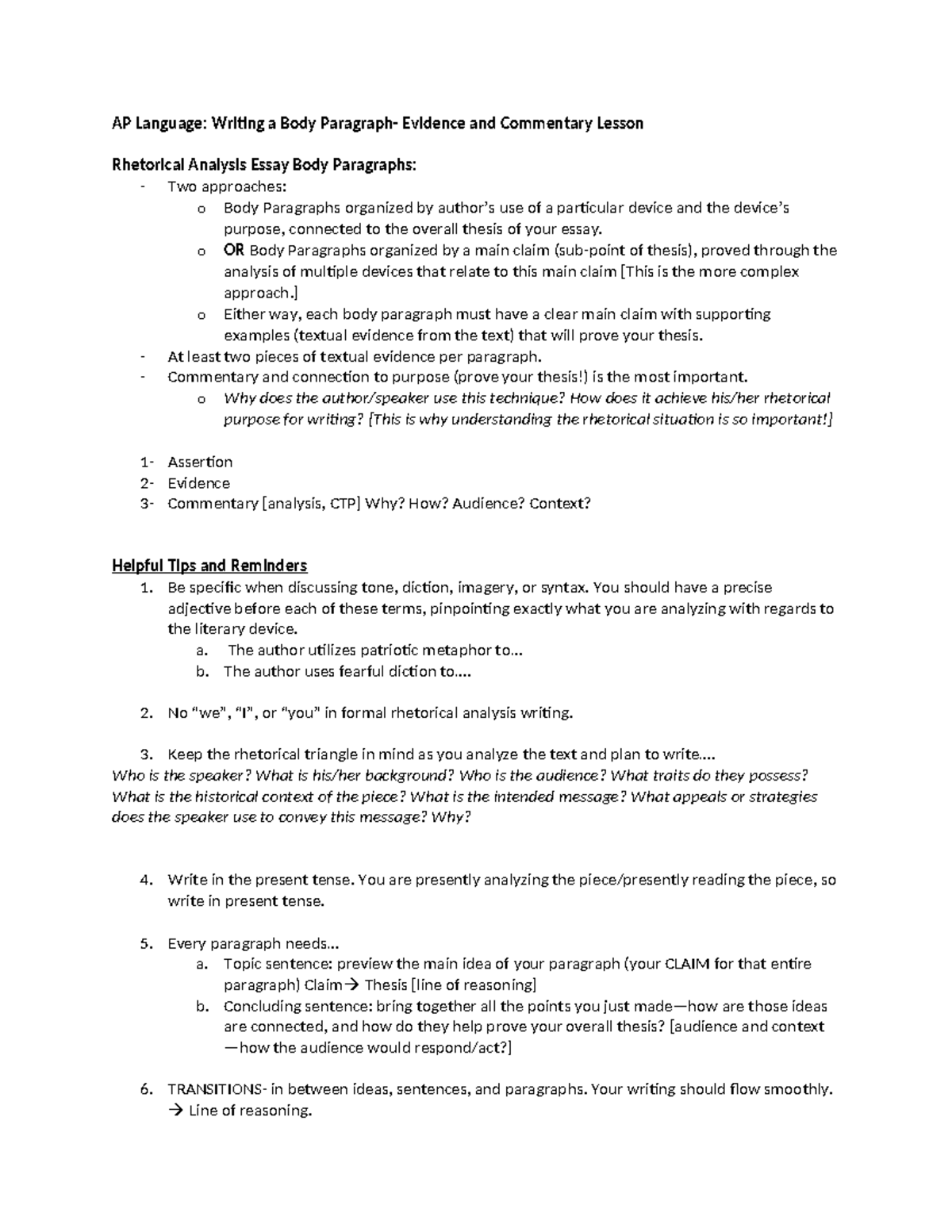 Writing the Body Paragraph Evidence and Commentary Lesson Notes - AP ...