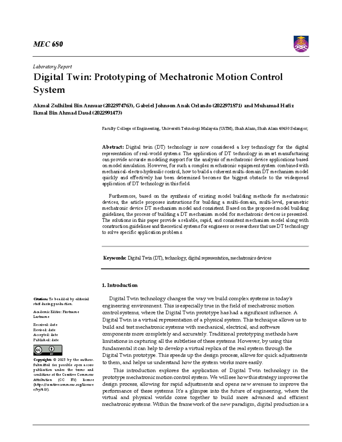 Sample LAB Report 1 - MEC 680 Laboratory Report Digital Twin ...