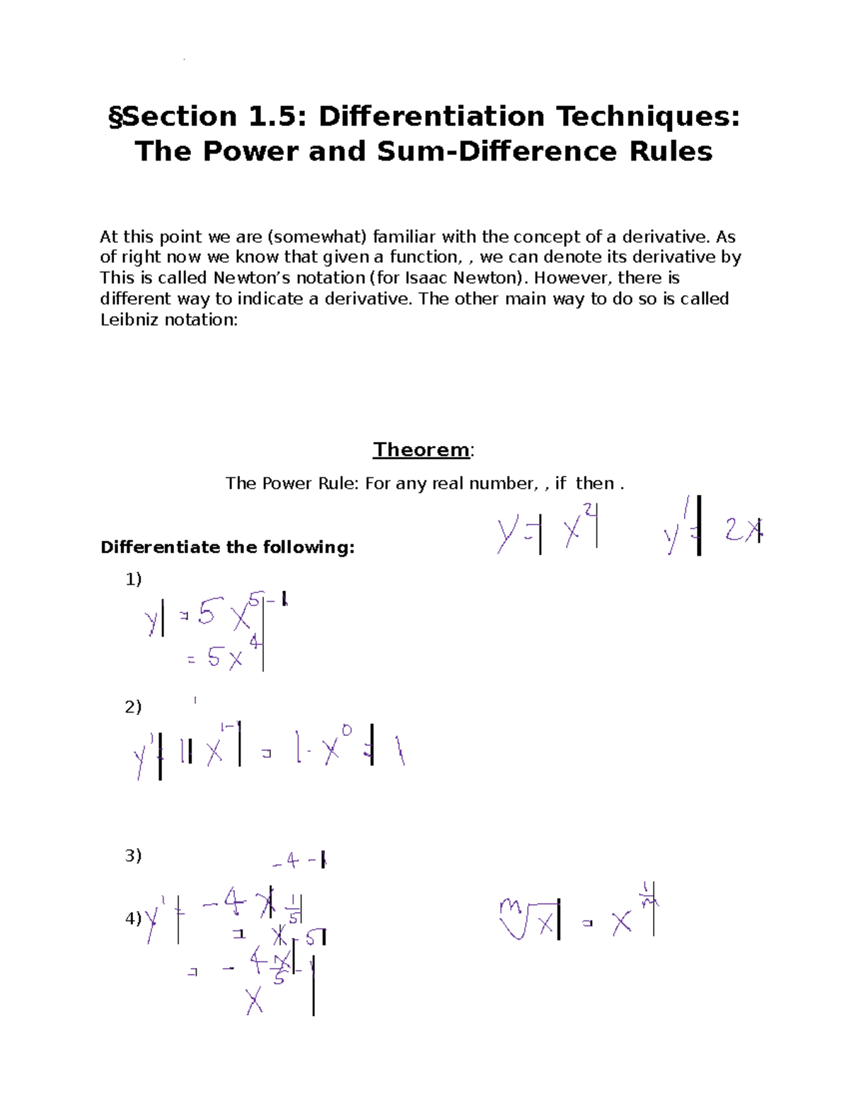 1.5 Differentitation Techniques The Power and Sum and Difference Rules Completed - §Section 1 ...