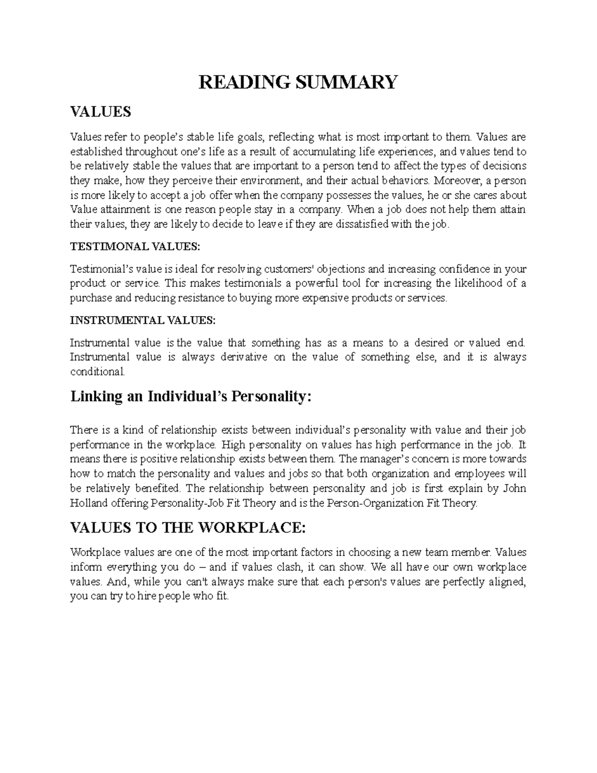 Organizational Behavior summary assignment - READING SUMMARY VALUES ...