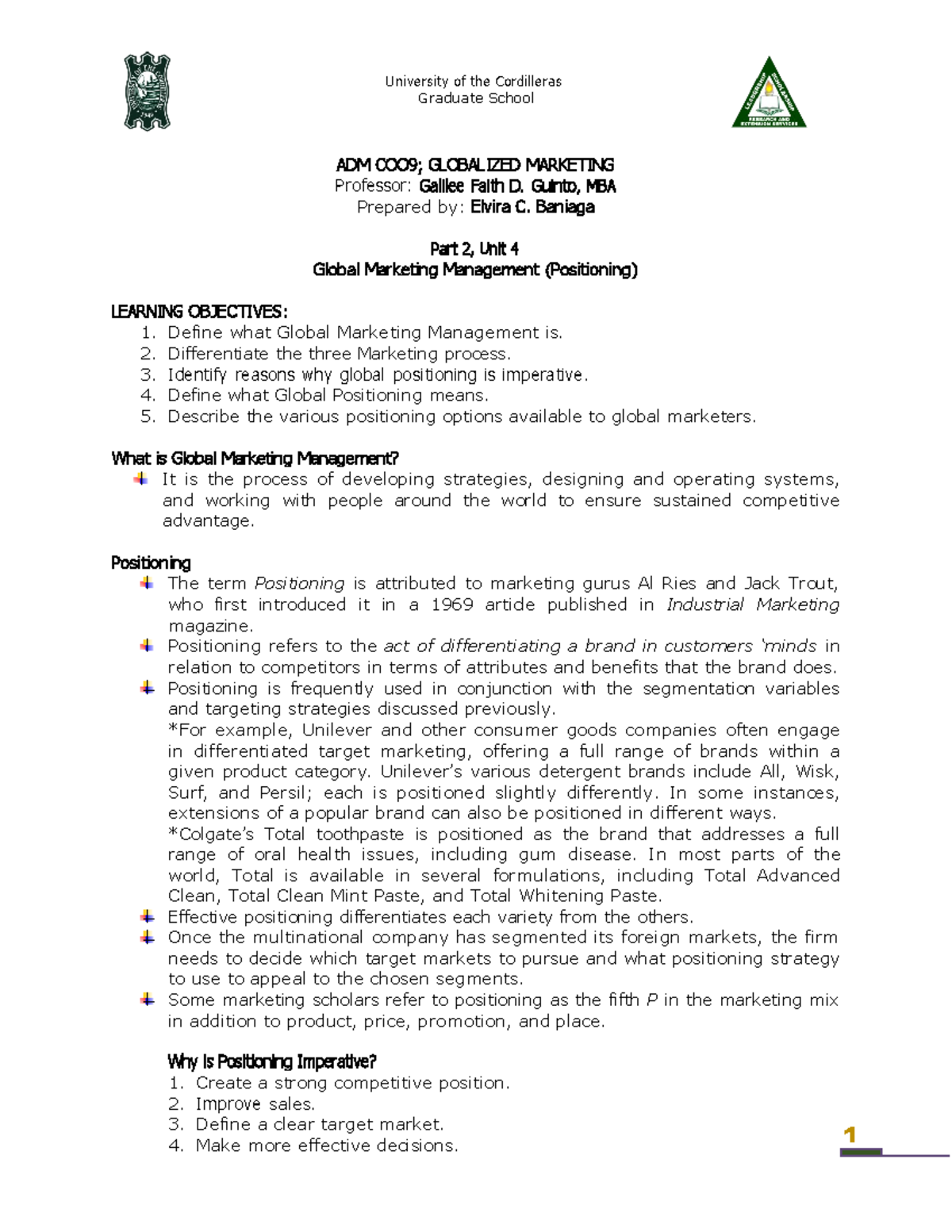 Narrative Module Format GS - ADM COO 9 ; GLOBALIZED MARKETING Professor ...