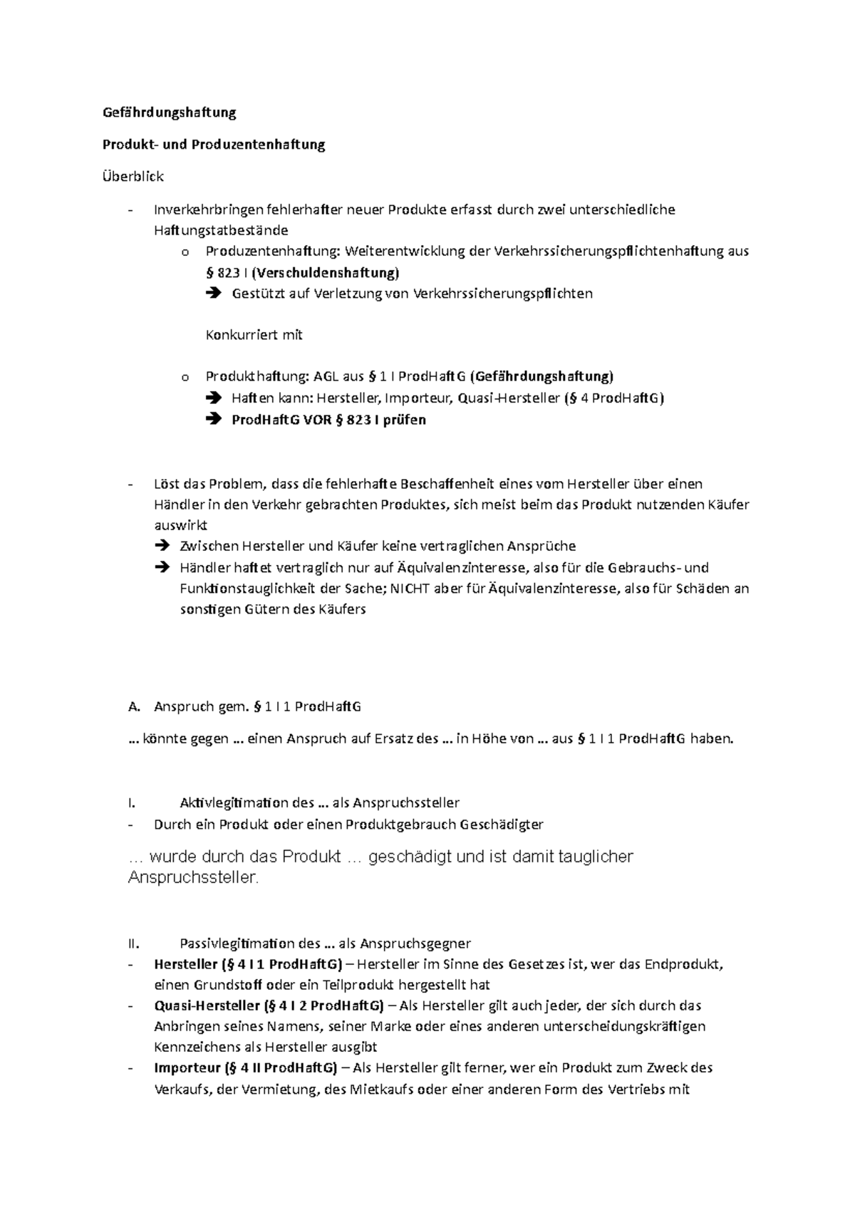 Gesetzliche Schuldverhältnisse - Produkthaftung, § 1 Prod Haft G ...