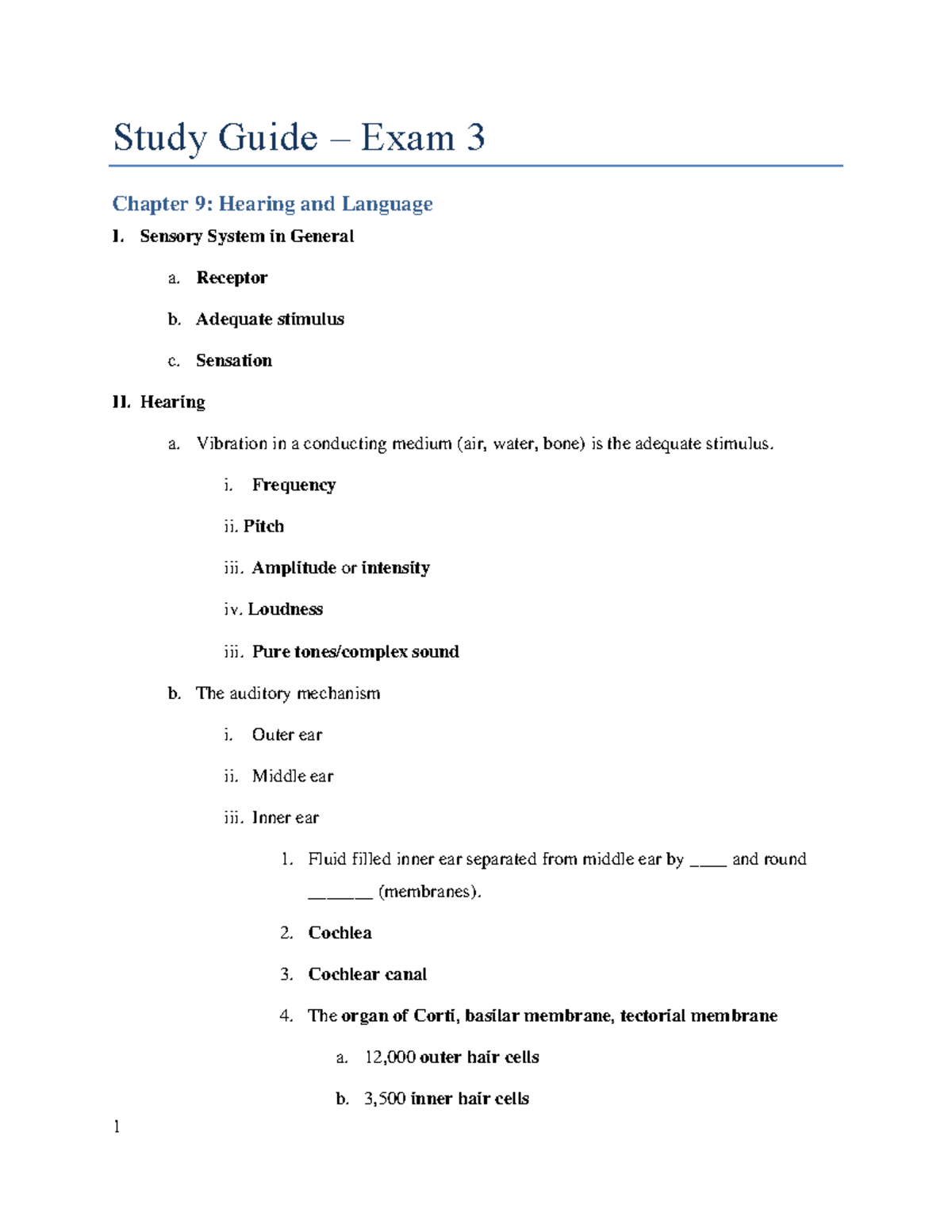 Study Guide - Exam 3 - exam 3 - Study Guide – Exam 3 Chapter 9: Hearing ...