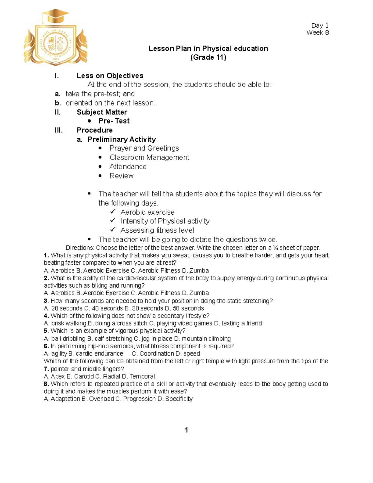 Day 1 Week 8 - LESSON PLAN - Week 8 Lesson Plan in Physical education ...