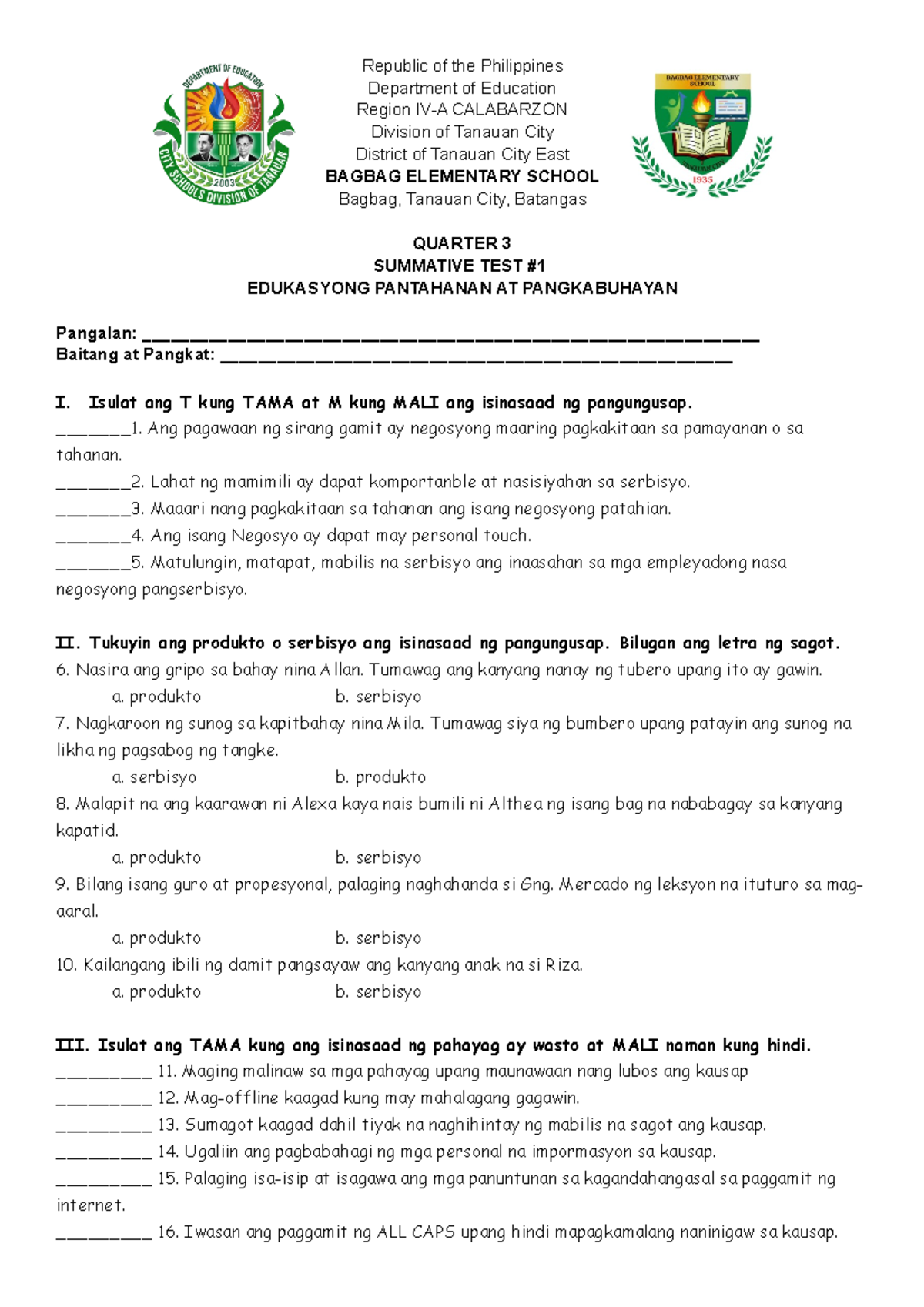 EPP summative Q3 1 - Republic of the Philippines Department of ...