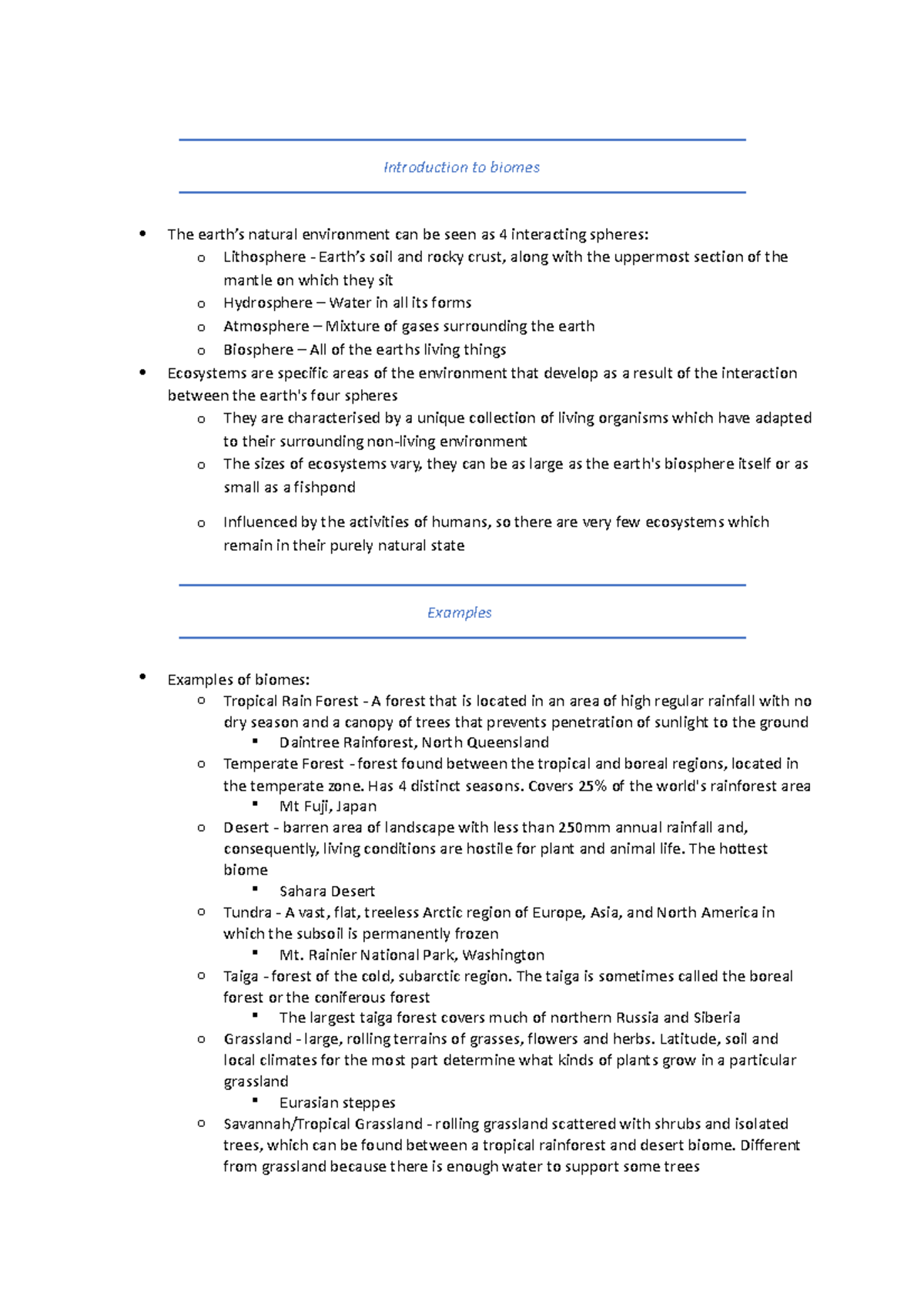 Biomes notes - Introduction to biomes The earth’s natural environment ...