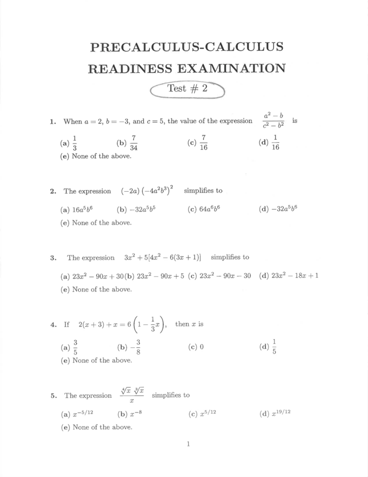 Pre-Calc Readiness Worksheet - Studocu