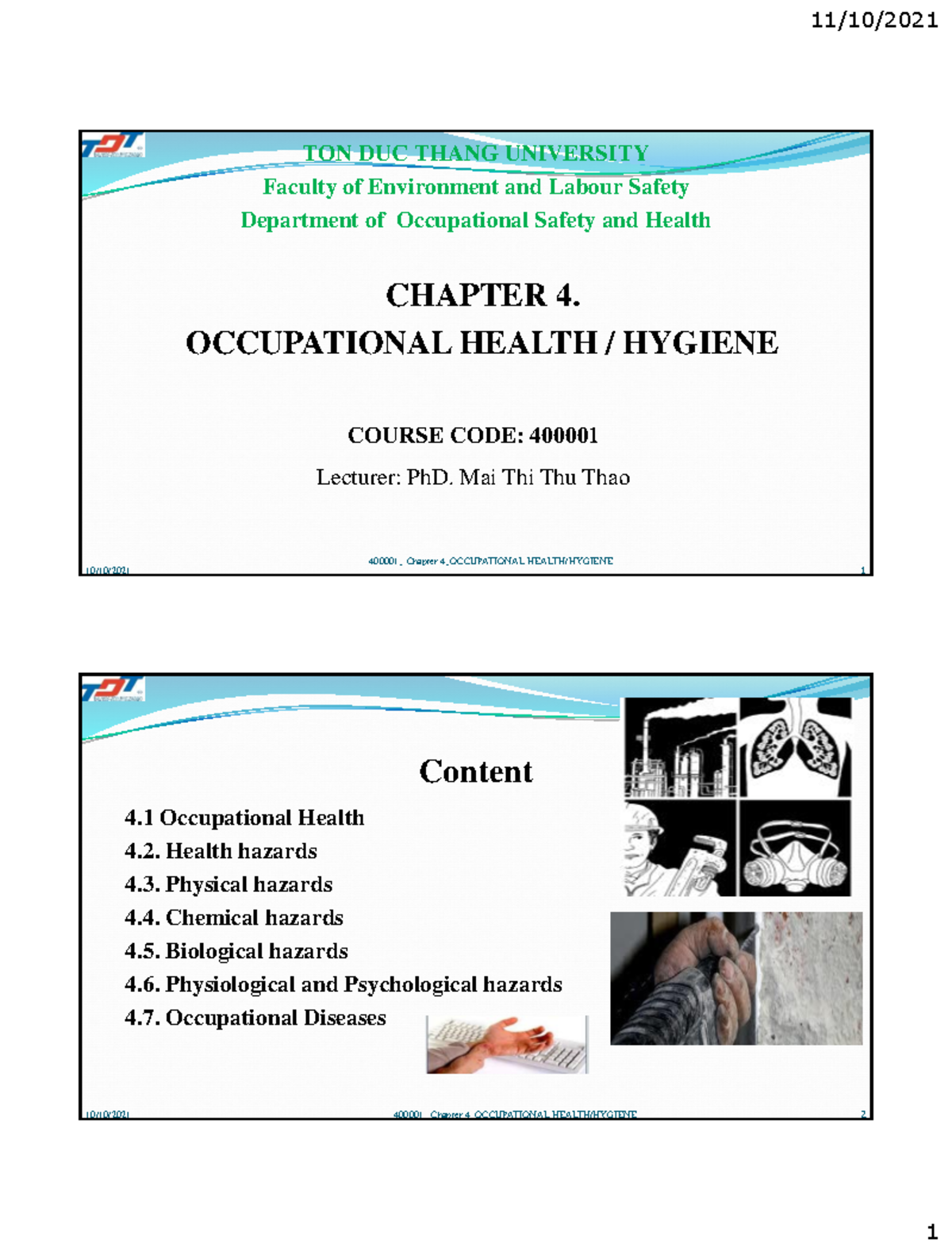 400001 Chapter 4 Occupational Health Hygiene 2021 - CHAPTER 4 ...