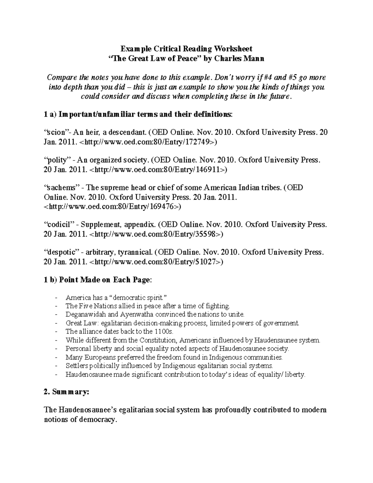 Example Critical Reading Worksheet - worry if and go more into depth ...