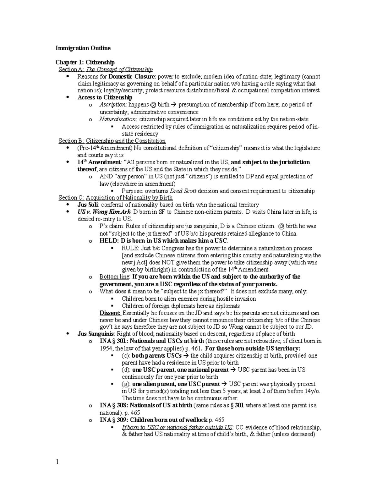 Immigration Law Outline - Immigration Outline Chapter 1: Citizenship ...
