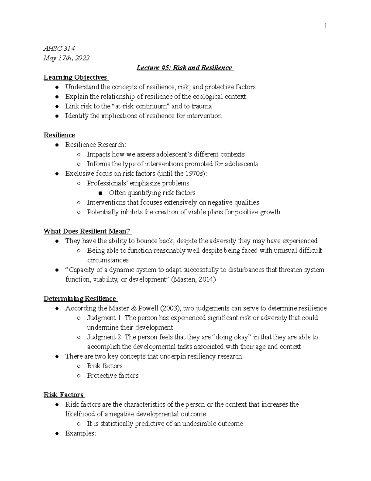 AHSC 314 - Lecture #5 - AHSC 314 May 17th, 2022 Lecture #5: Risk and ...