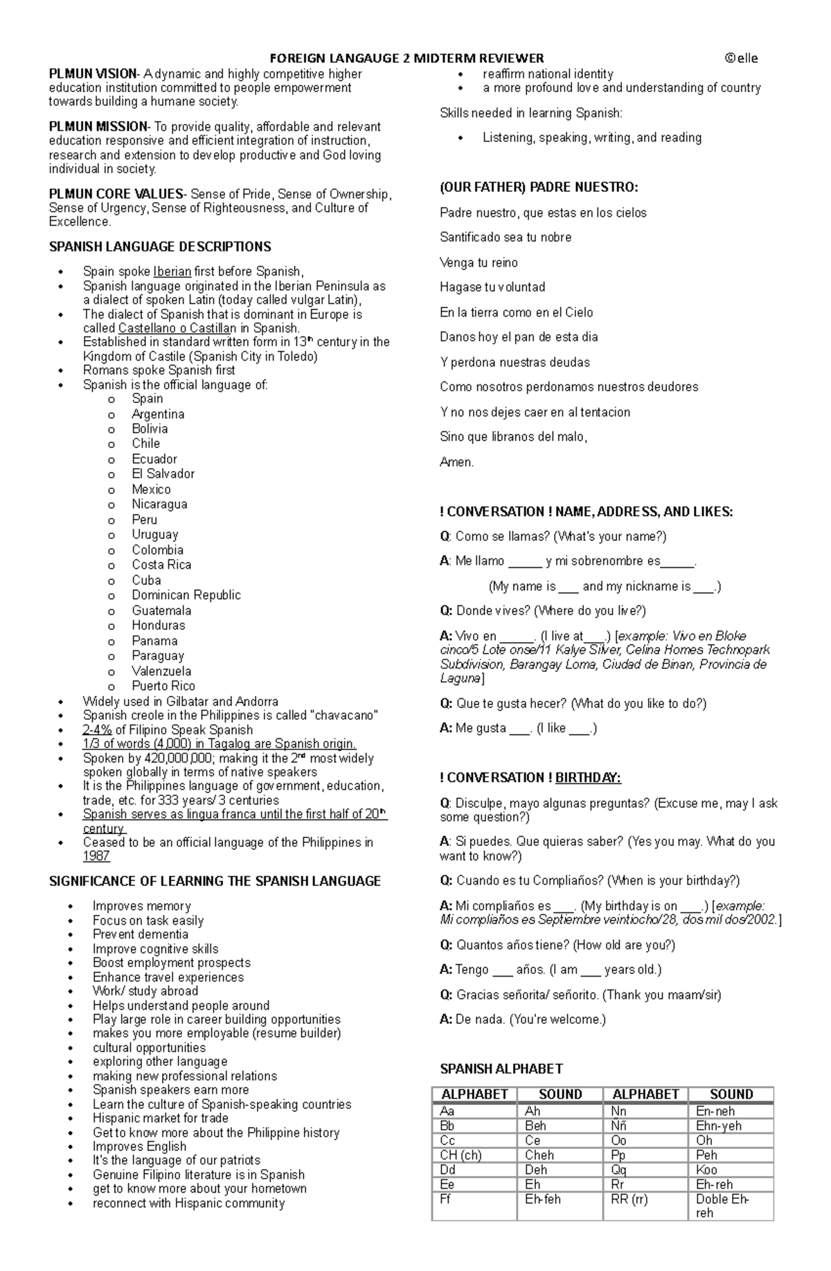 Basic Spanish Reviewer - PLMUN VISION- A dynamic and highly competitive ...