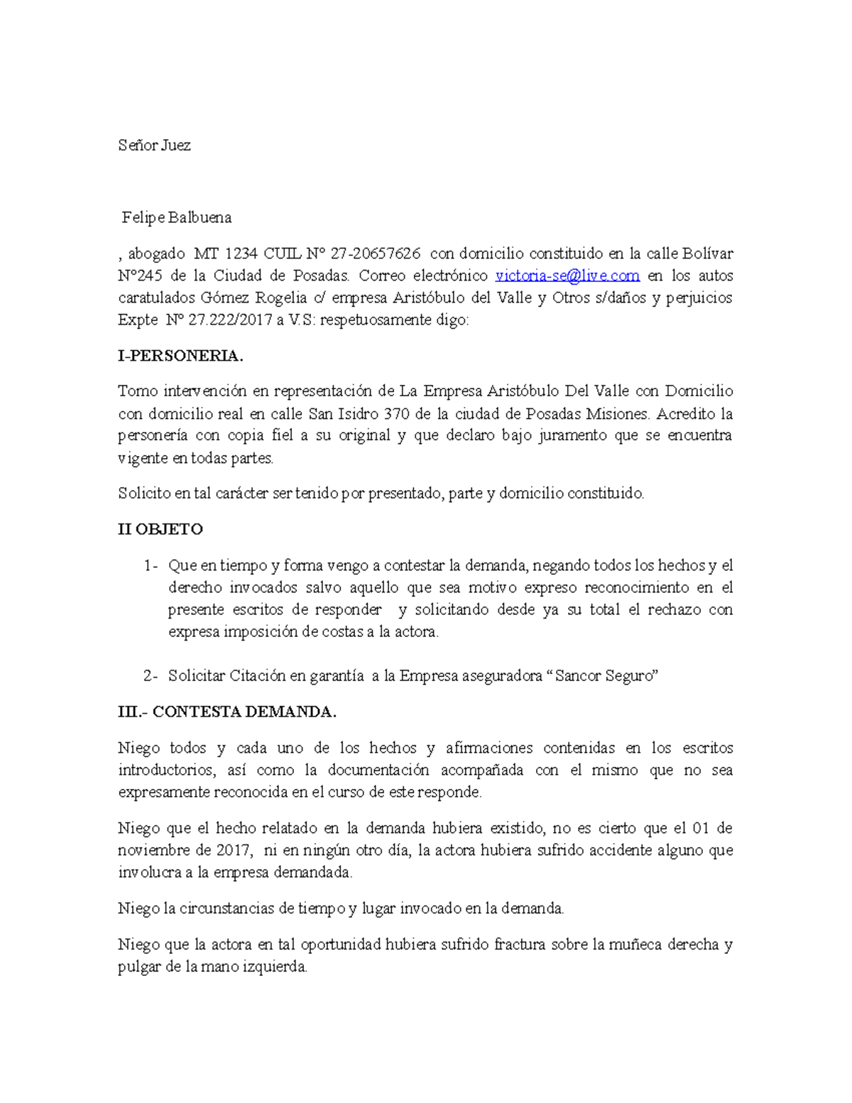 Contestacion de demanda - Señor Juez Felipe Balbuena , abogado MT 1234 ...