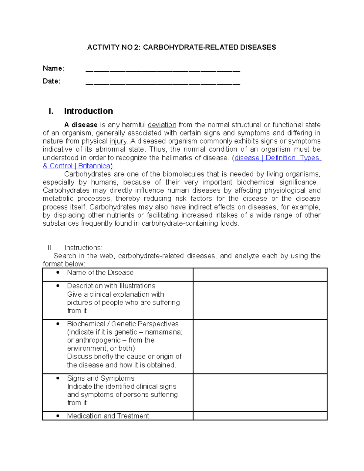 Biochem - activity - ACTIVITY NO 2: CARBOHYDRATE-RELATED DISEASES Name ...