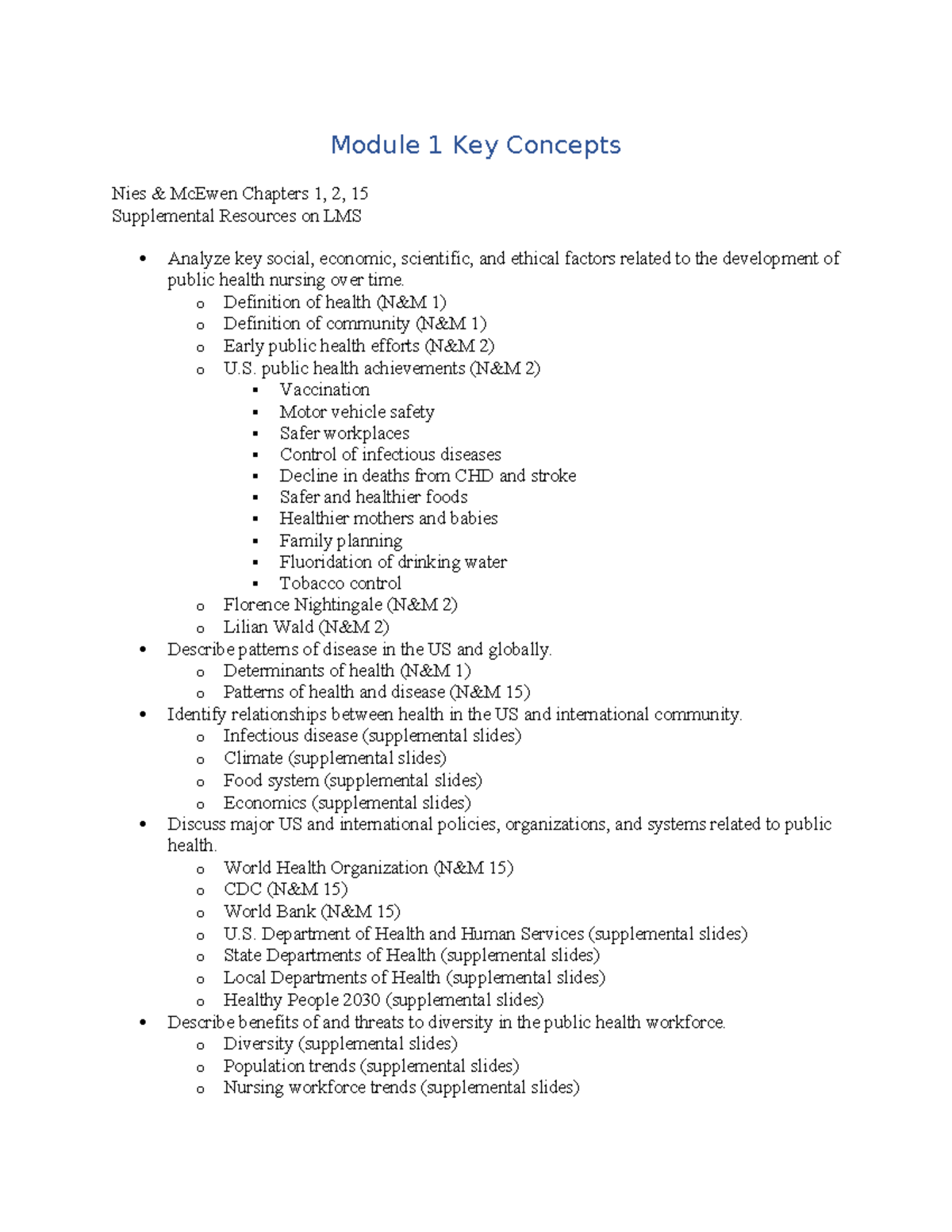 Module 1scsu class of 2021 - Module 1 Key Concepts Nies & McEwen Chapters 1, 2, 15 Supplemental ...