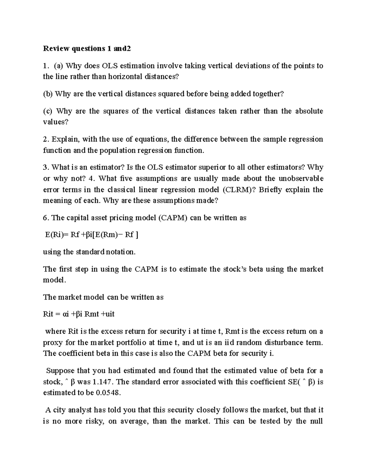 3092545 1 econreview-questions - Review questions 1 and 1. (a) Why does OLS estimation involve ...