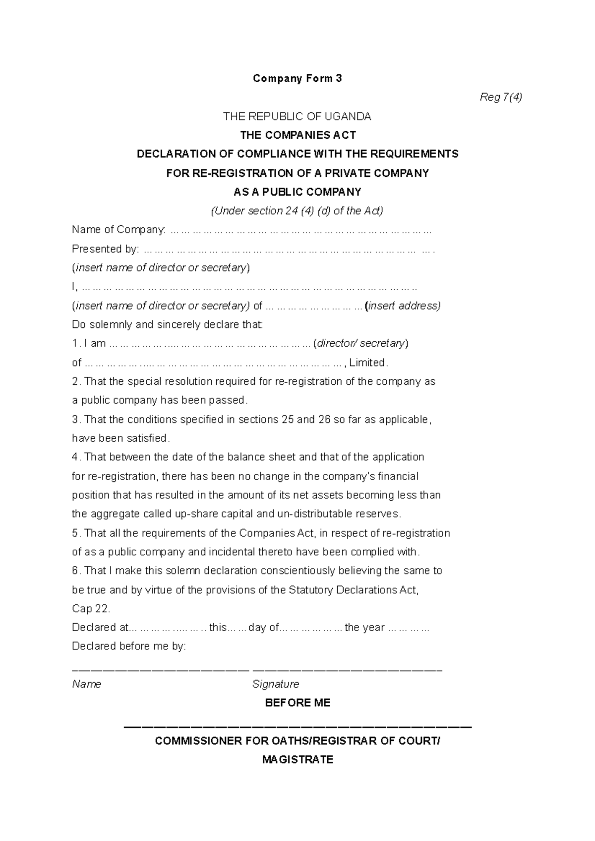 Declaration of compliance with the requirements for re registration of ...