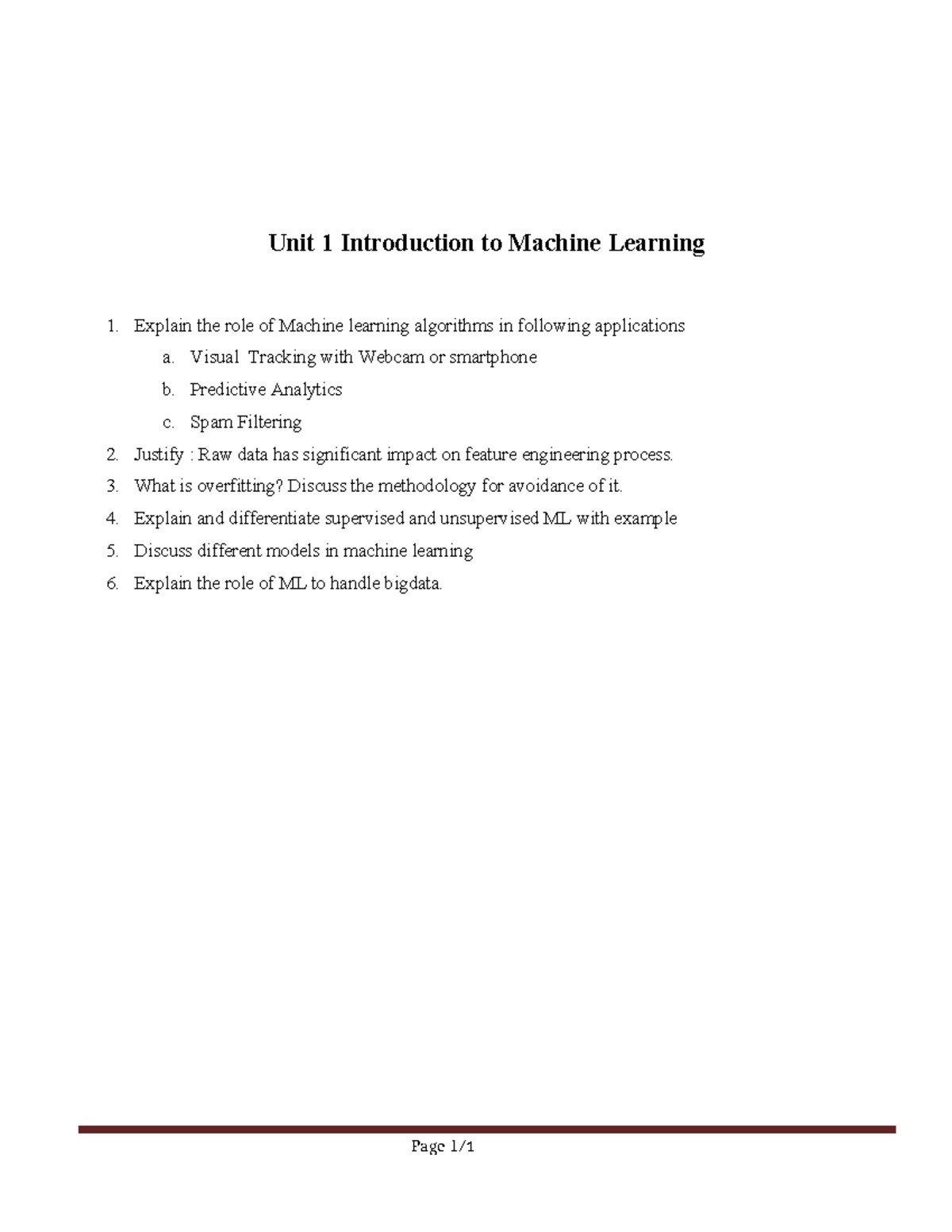 Unit 1 Theory assignment - Unit 1 Introduction to Machine Learning 1 ...