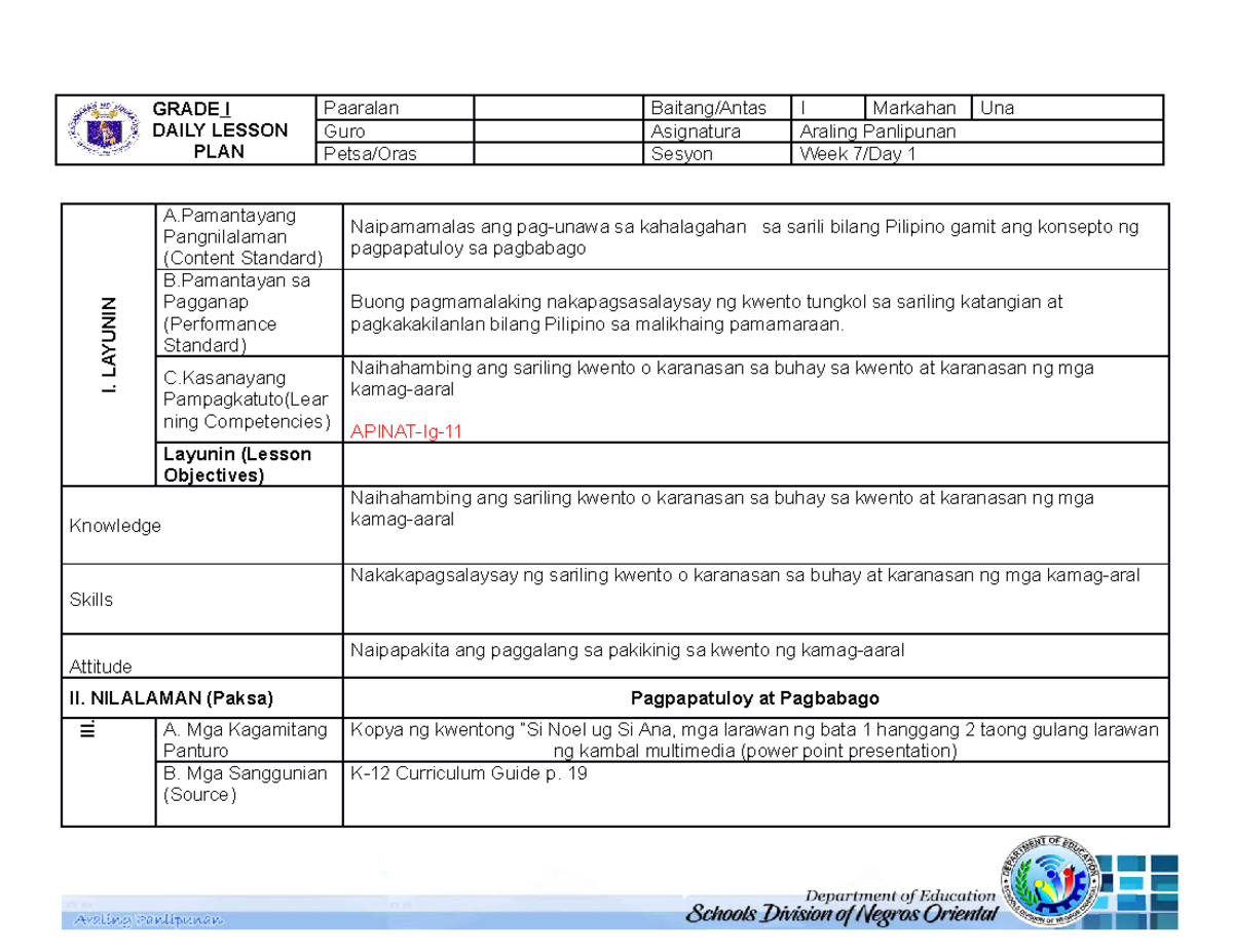 AP1 Q1 W7 D1 - 1122222 - GRADE I DAILY LESSON PLAN Paaralan Baitang ...