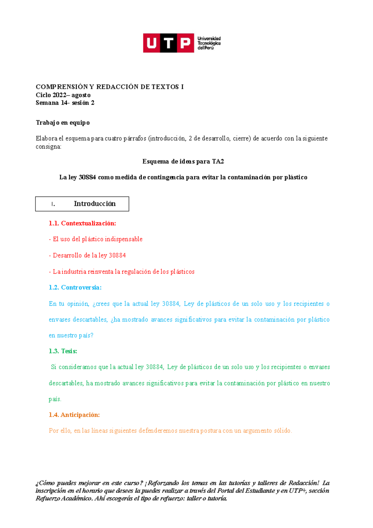 S14.s2-Esquema para PC2 2022 agosto CRT1 - COMPRENSIÓN Y REDACCIÓN DE TEXTOS I Ciclo 2022 ...