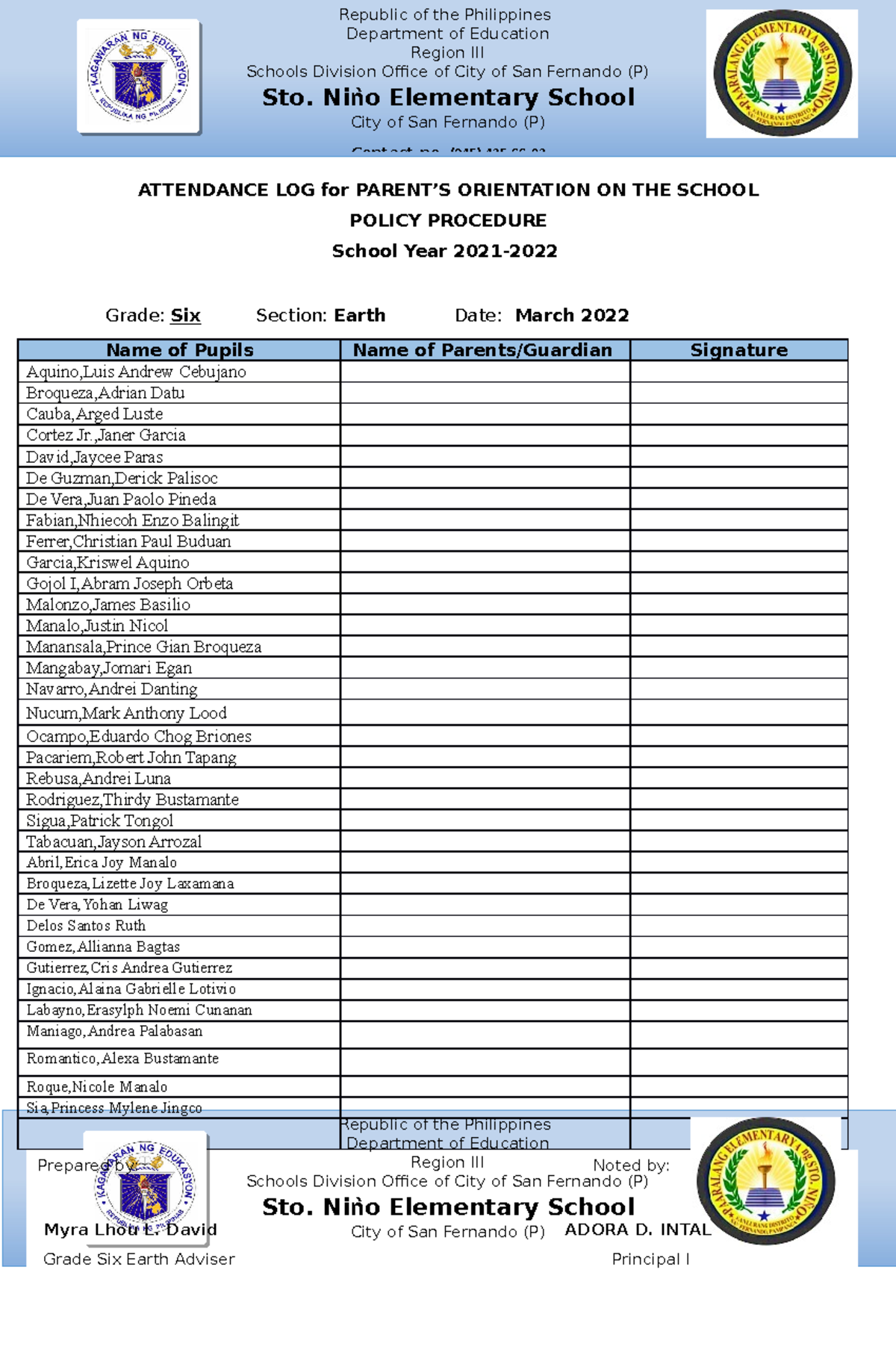 OBJ 15 School Policy - MIRA DAVID - ATTENDANCE LOG for PARENT’S ...