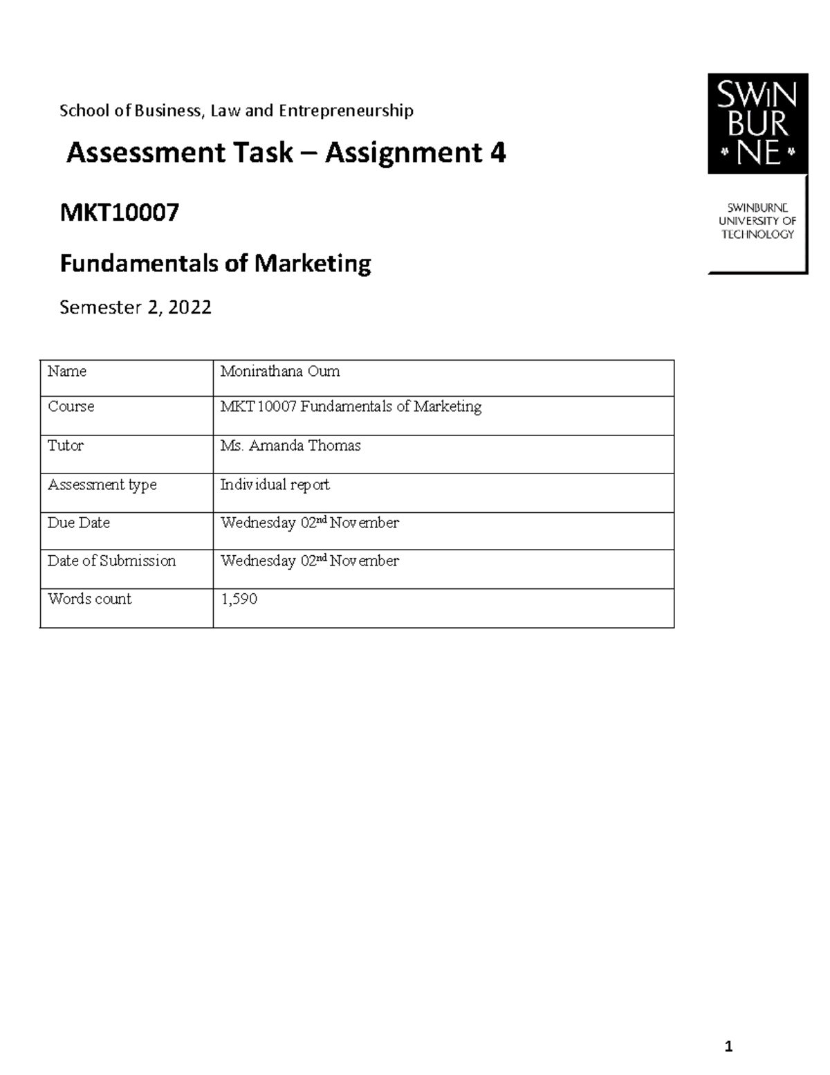 Marketing Assignment - School of Business, Law and Entrepreneurship ...