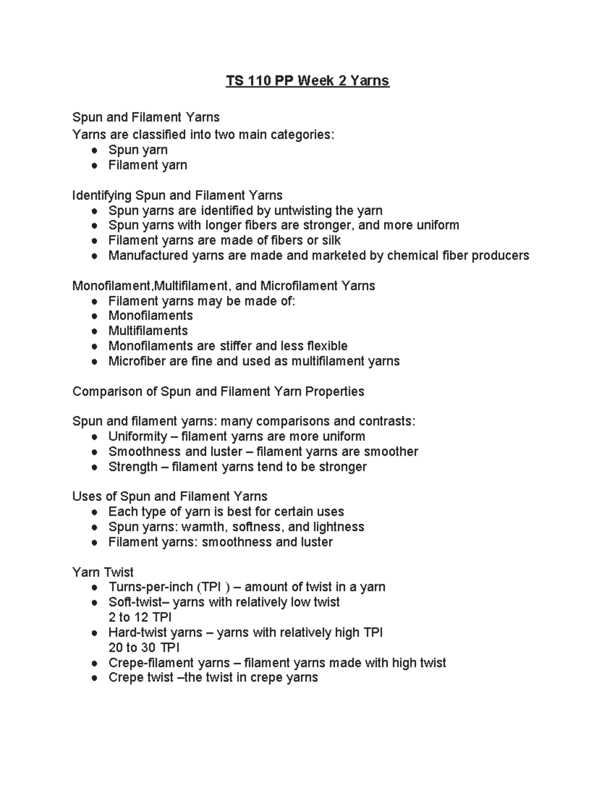 TS 110 PP Week 2 Yarns - TS 110 PP Week 2 Yarns Spun and Filament Yarns ...
