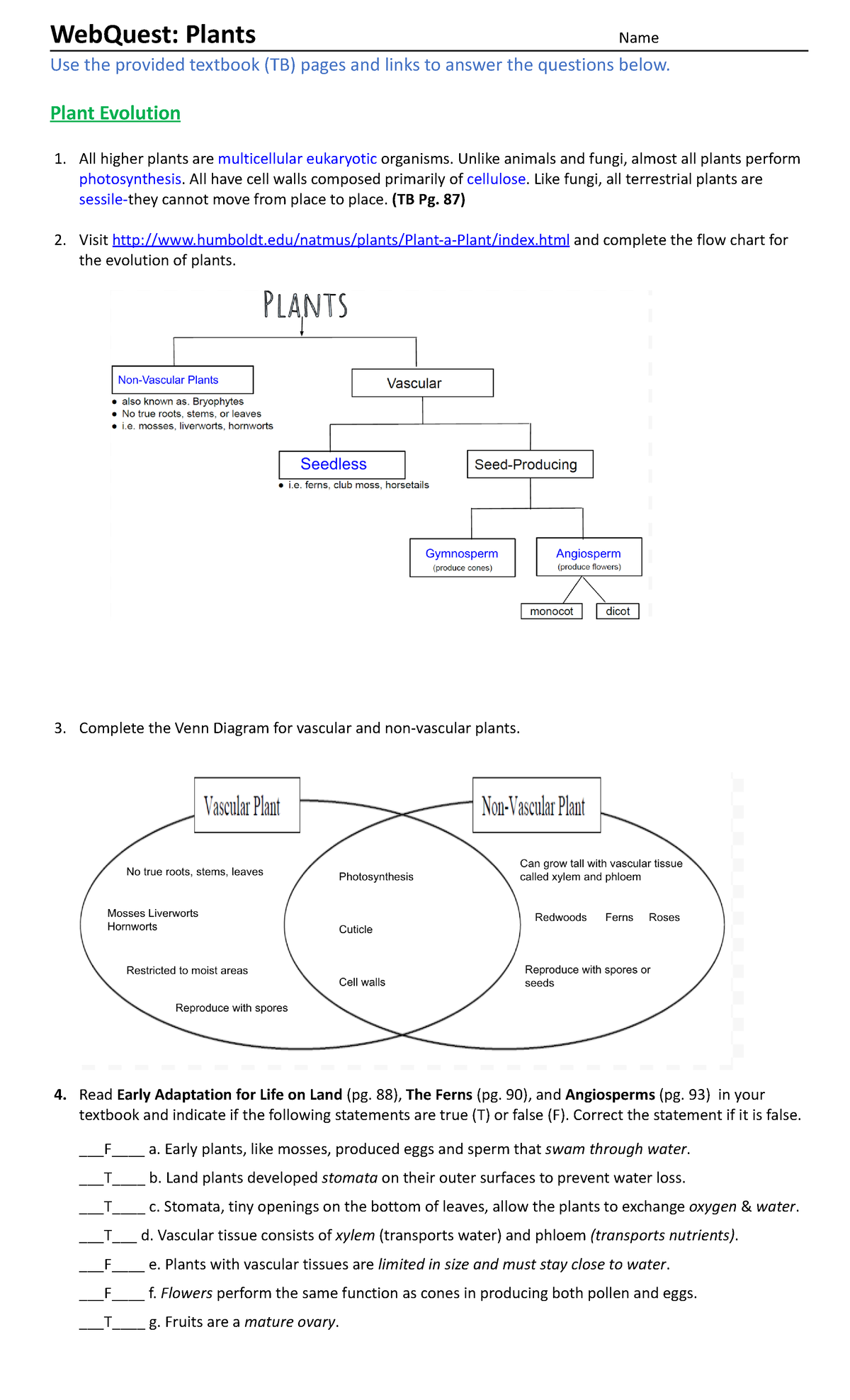 9a. Plants Webquest 2020 - WebQuest: Plants Name Use the provided ...