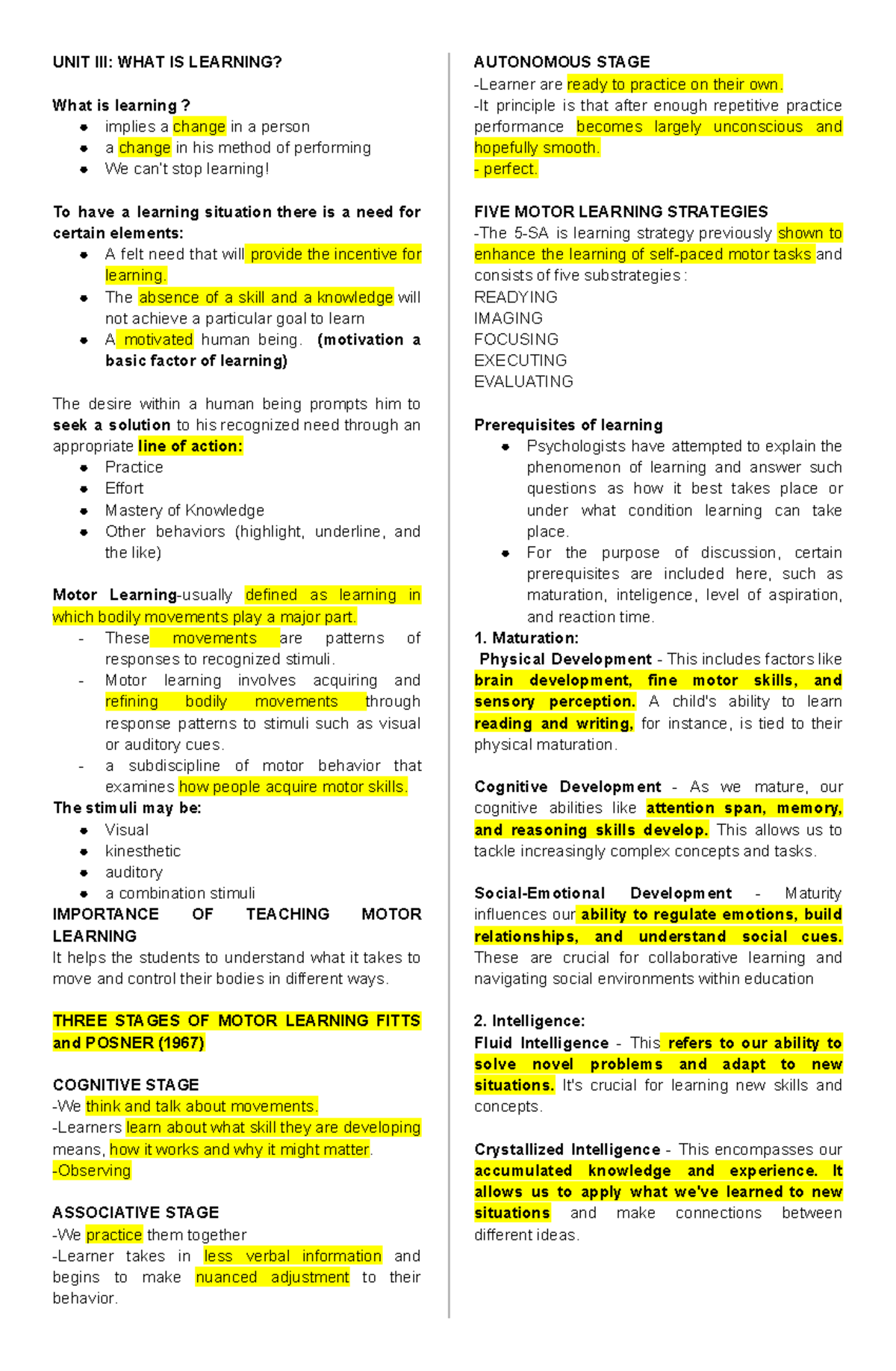 PED-111- Finals - hi pls like - UNIT III: WHAT IS LEARNING? What is ...