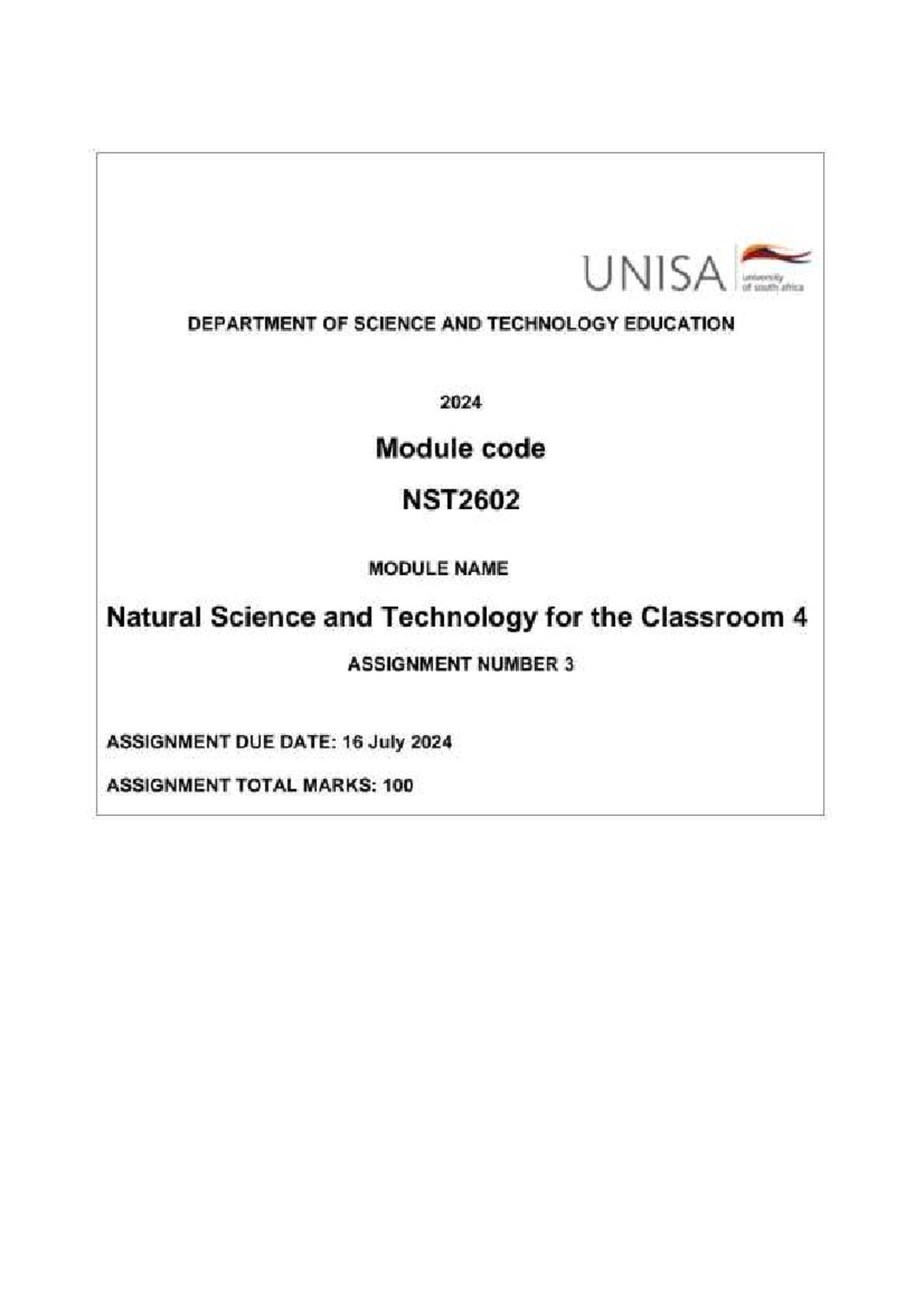 NST2602 Assignment 03 2024 24be3f5e4464917 e3044783 d1ae62b15 - UNISA university of DEPARTMENT ...