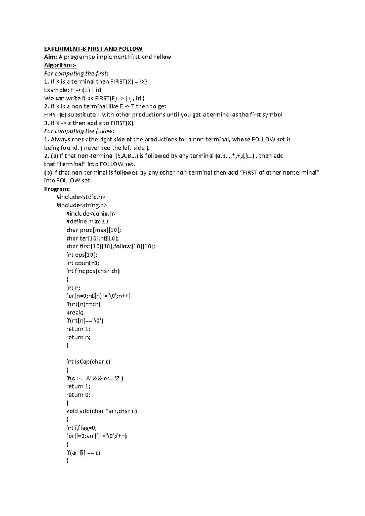 Experiment-8 First AND Follow - EXPERIMENT-8 FIRST AND FOLLOW Aim: A program to implement First ...
