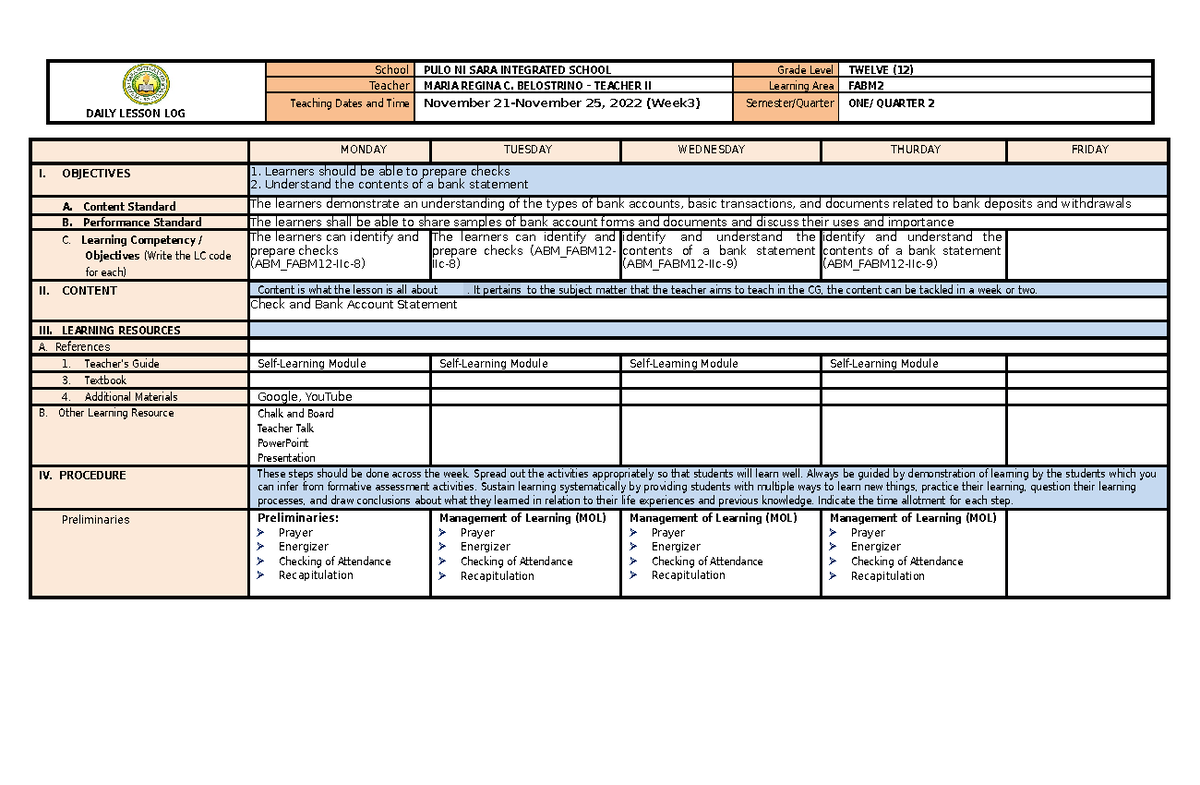 FABM2 Q2 W3 - useful - DAILY LESSON LOG School PULO NI SARA INTEGRATED ...