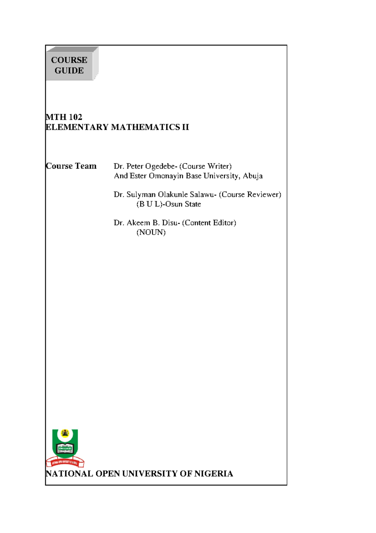 MTH 102 Elementary Mathematics II - MTH 102 ELEMENTARY MATHEMATICS II ...