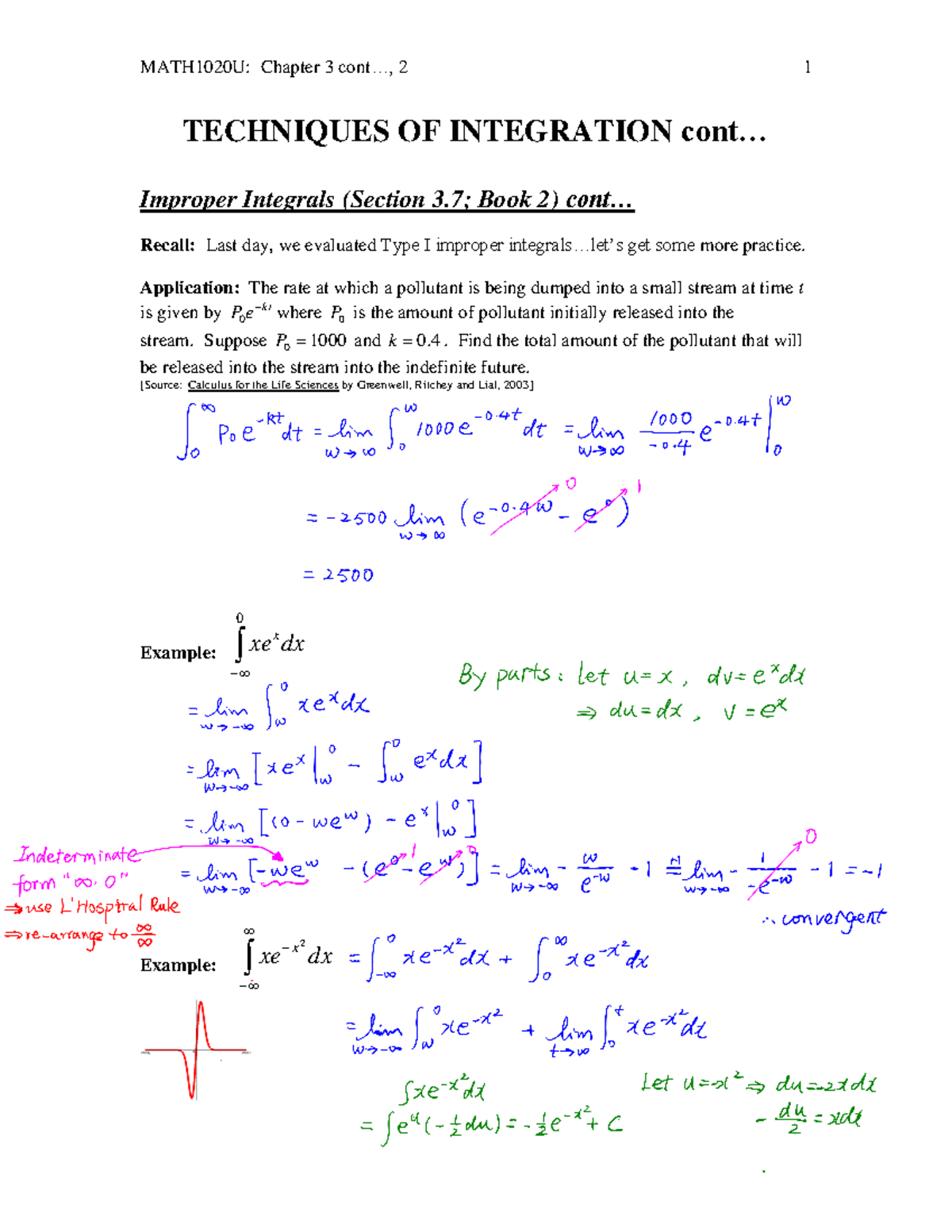 Lec7-improparclengthsurf - TECHNIQUES OF INTEGRATION cont... Improper Integrals (Section 3; Book ...