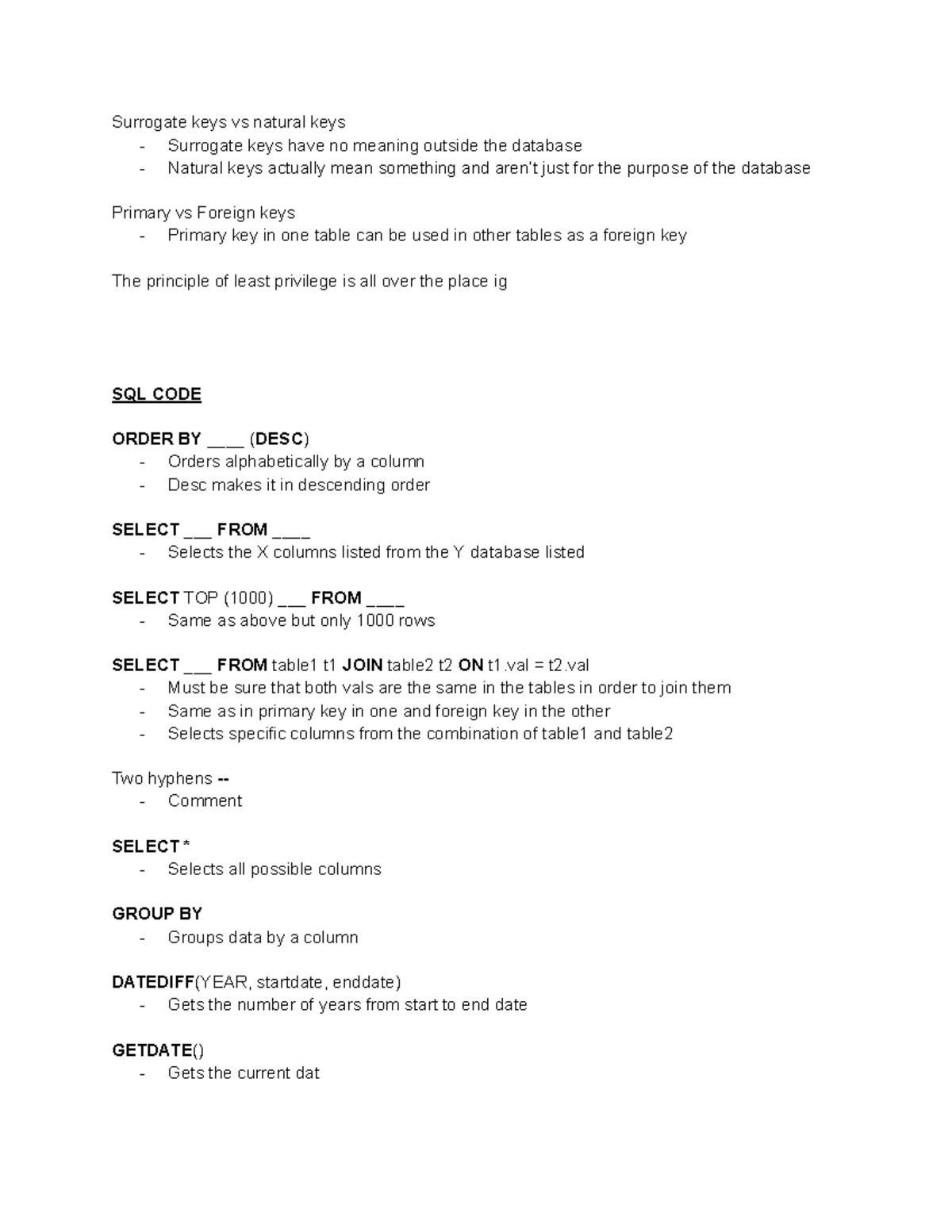 INFO 330 Notes - Surrogate keys vs natural keys - Surrogate keys have ...