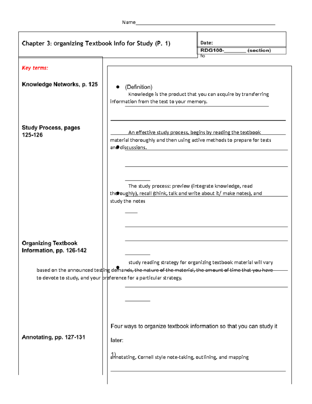 Organizing textbook info for study - Name