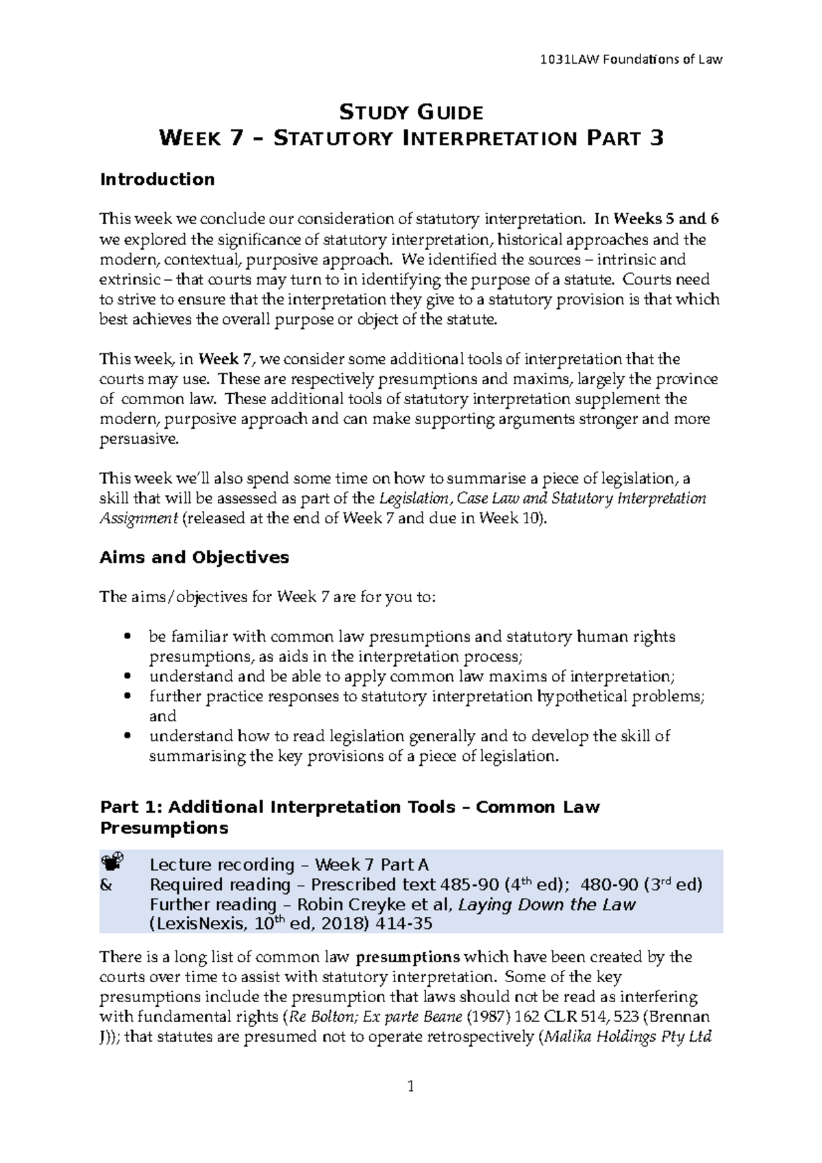 Week 7 Study Guide 1031LAW - STUDY GUIDE WEEK 7 – STATUTORY INTERPRETATION PART 3 Introduction ...