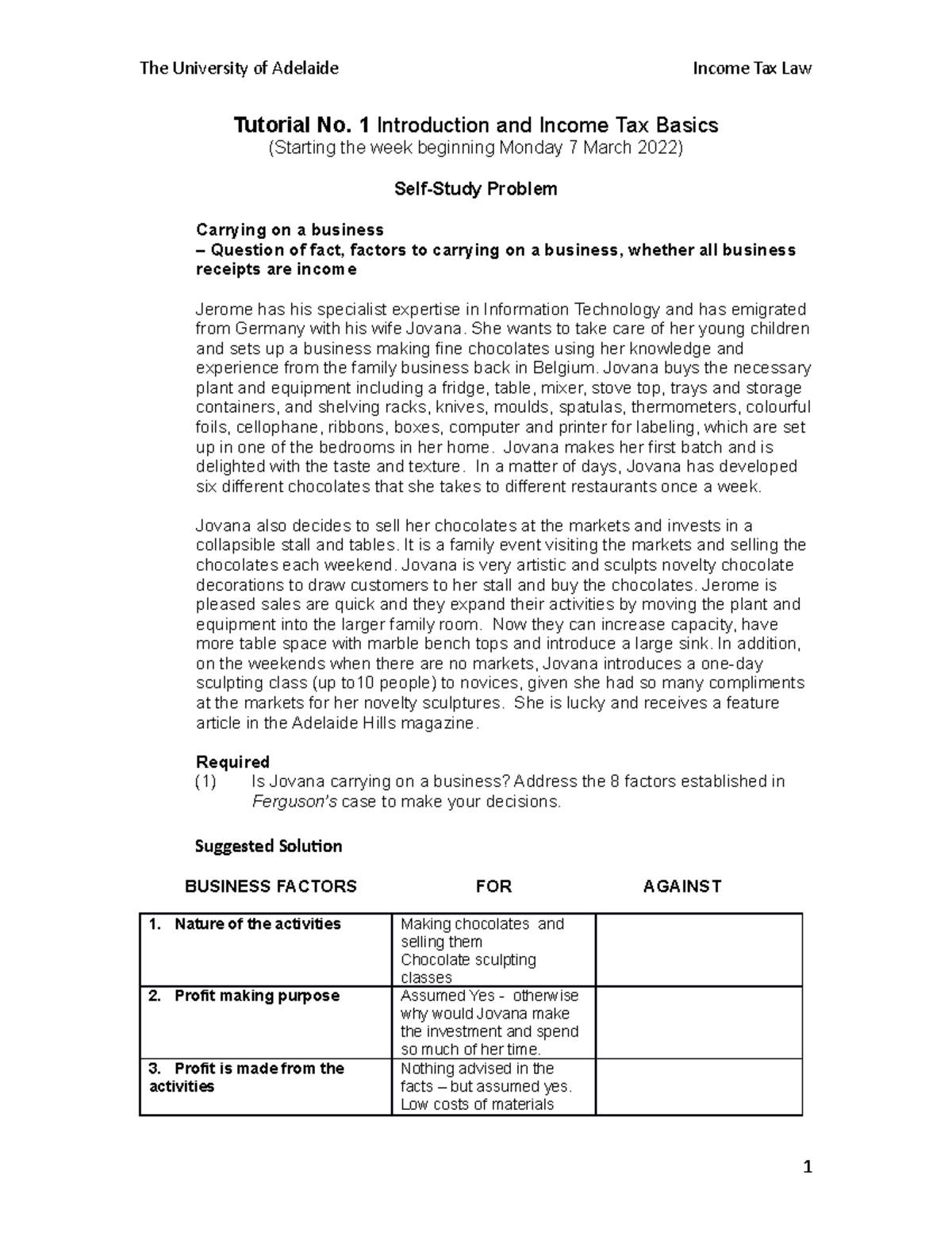 Tute 1 self study 'carrying on business' - The University of Adelaide ...