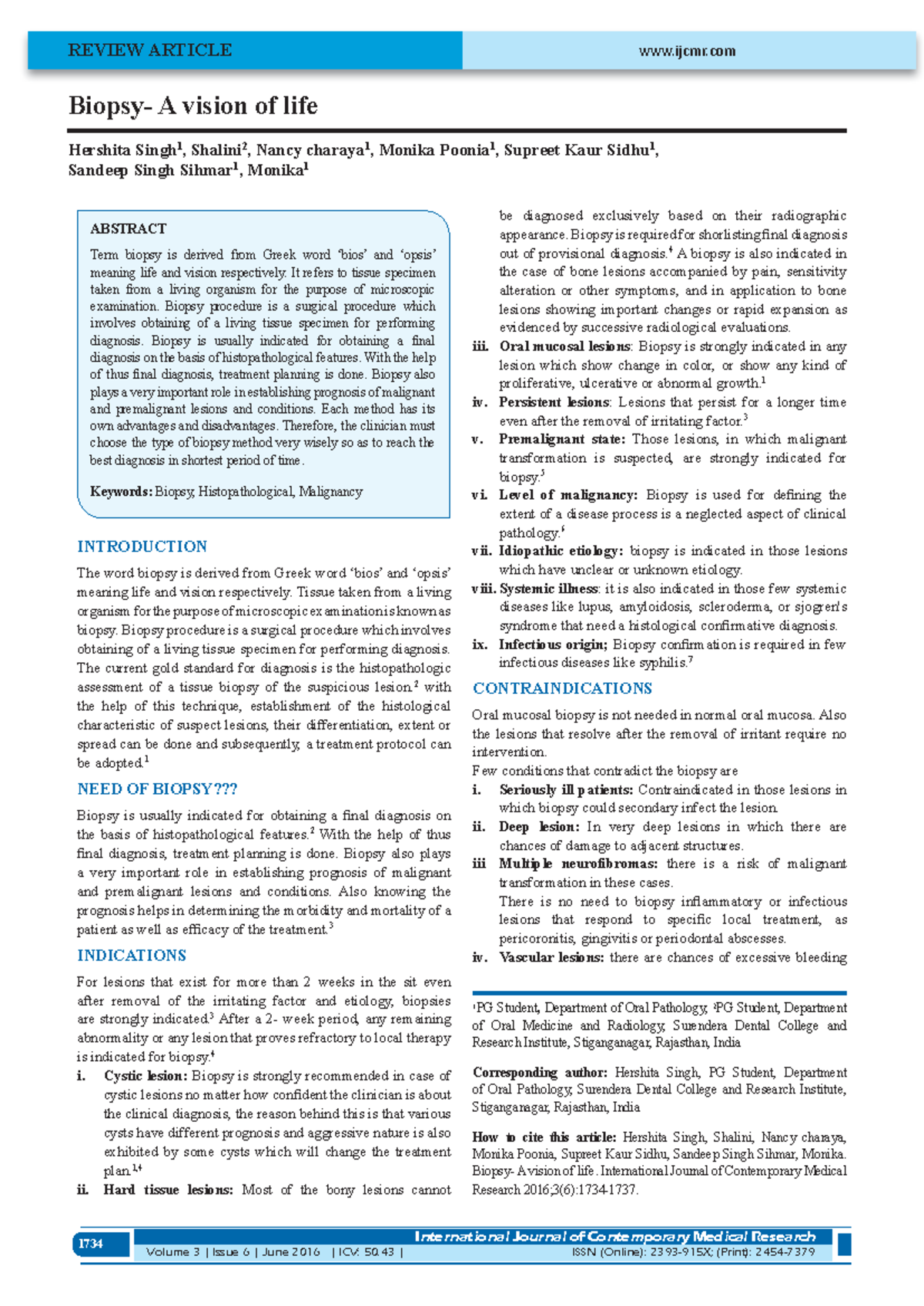 Biopsy- A vision of life - ijcmr International Journal of Contemporary ...