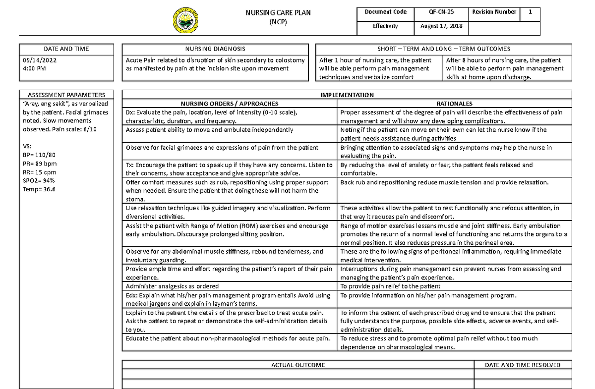 NCP Acute Pain - sdfdgfhygjuhkjlkjkhjghfgdf - NURSING CARE PLAN (NCP ...