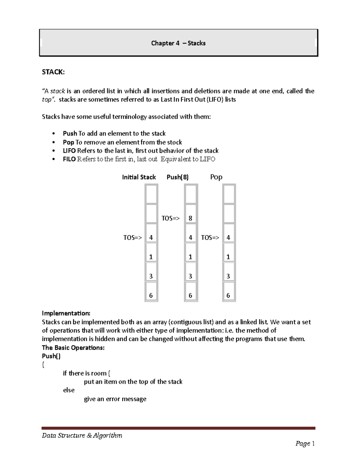 Chapter 4 Stack - sadddddddddddddd - Chapter 4 – Stacks STACK: “A stack ...