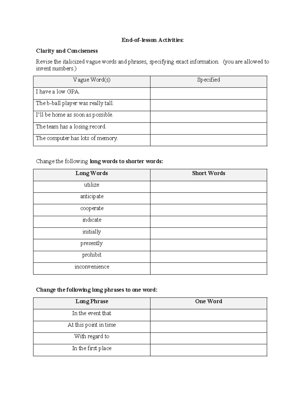 Follow up - End-of-lesson Activities: Clarity and Conciseness Revise ...