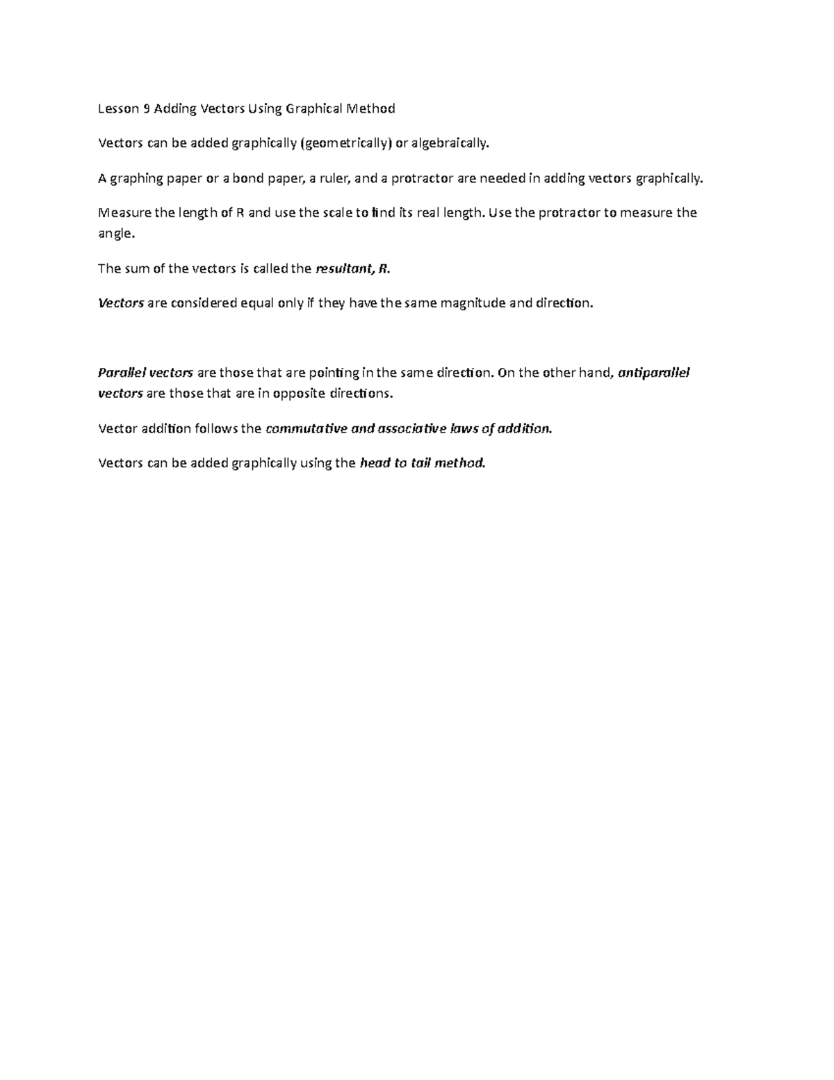 Copy of Lesson 9 Adding Vectors Using Graphical Method - Lesson 9 ...