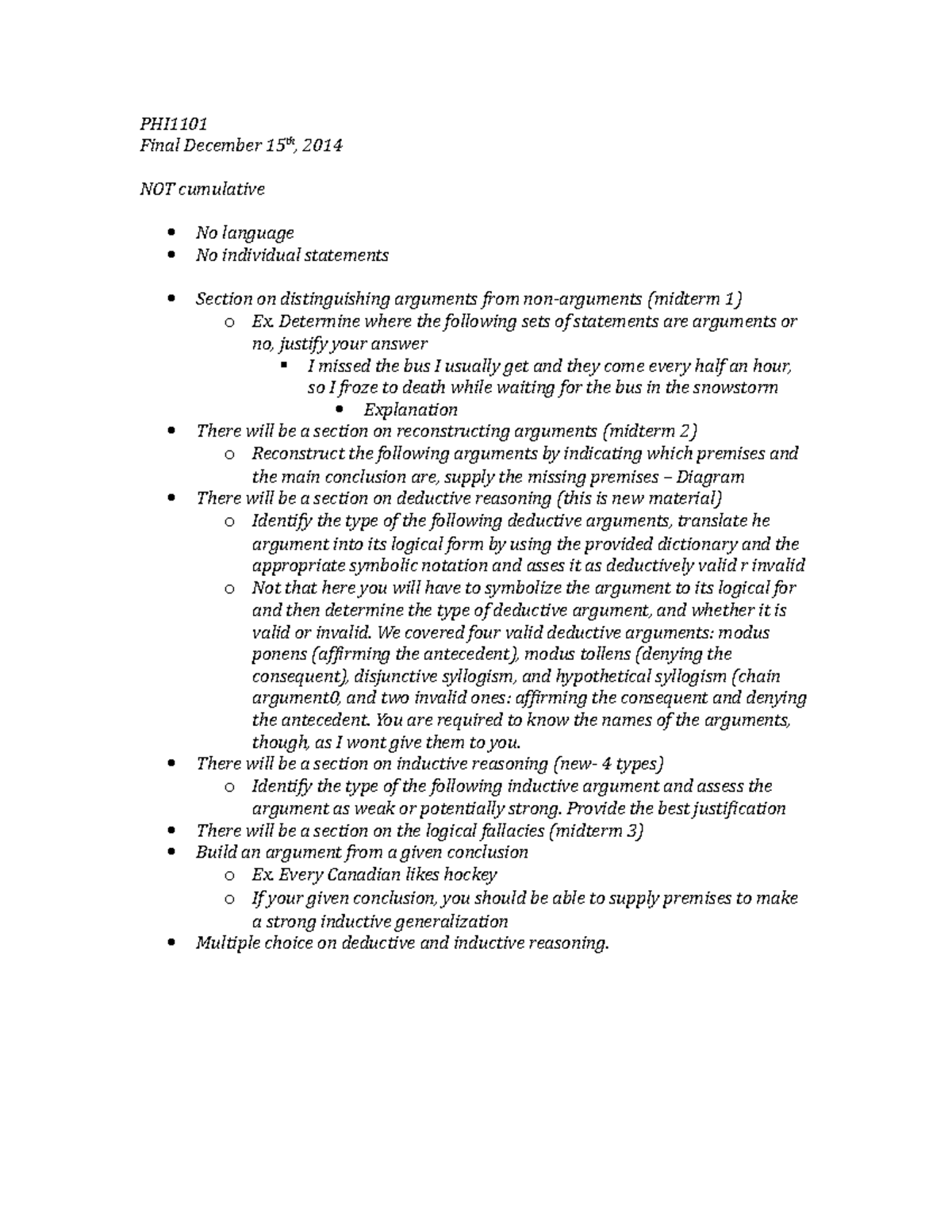 FINAL 2015, questions - PHI1101 Final December 15th, 2014 NOT ...